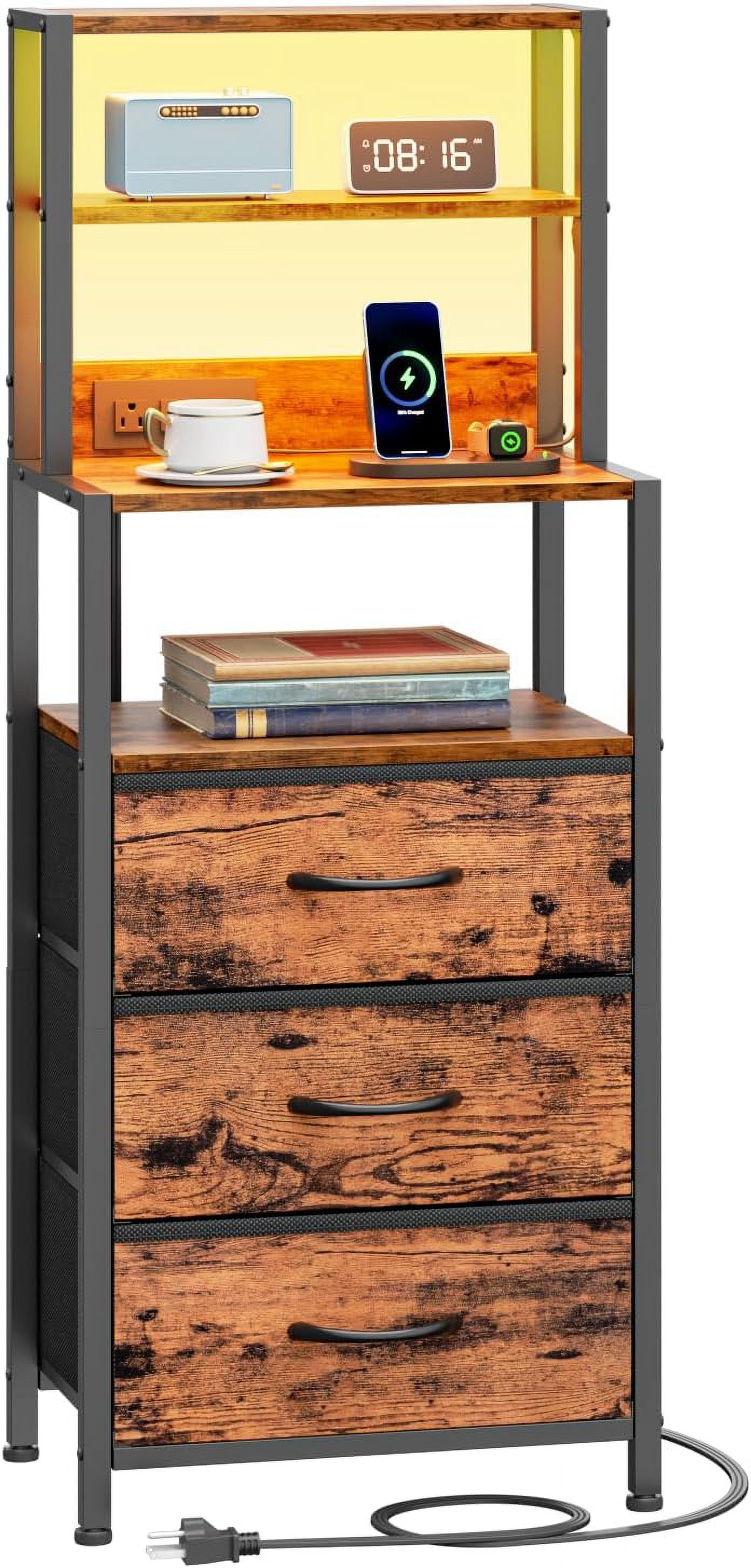 Tall Nightstand with 4-Tier Shelves, Night Stand with 3 Fabric Drawers ...