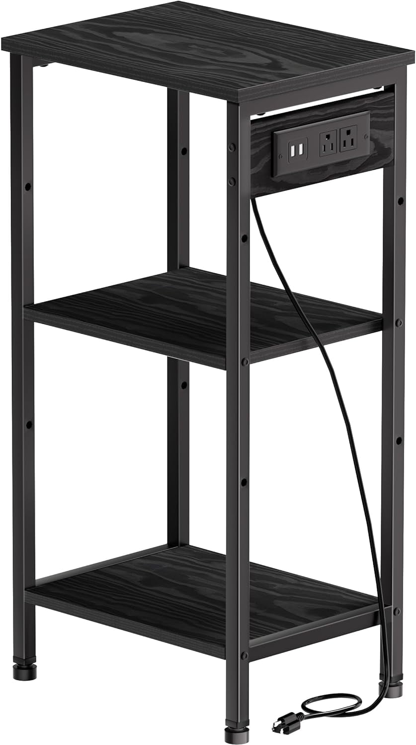 Tall Nightstand with Charging Station, 3 Tier Narrow Tall End Table ...