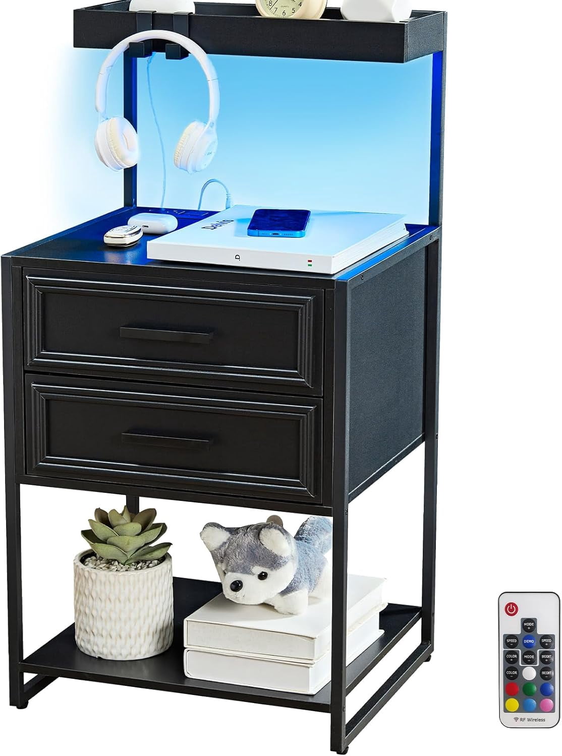 Tall Nightstand with Charging Station, Black Night Stand with Drawers ...