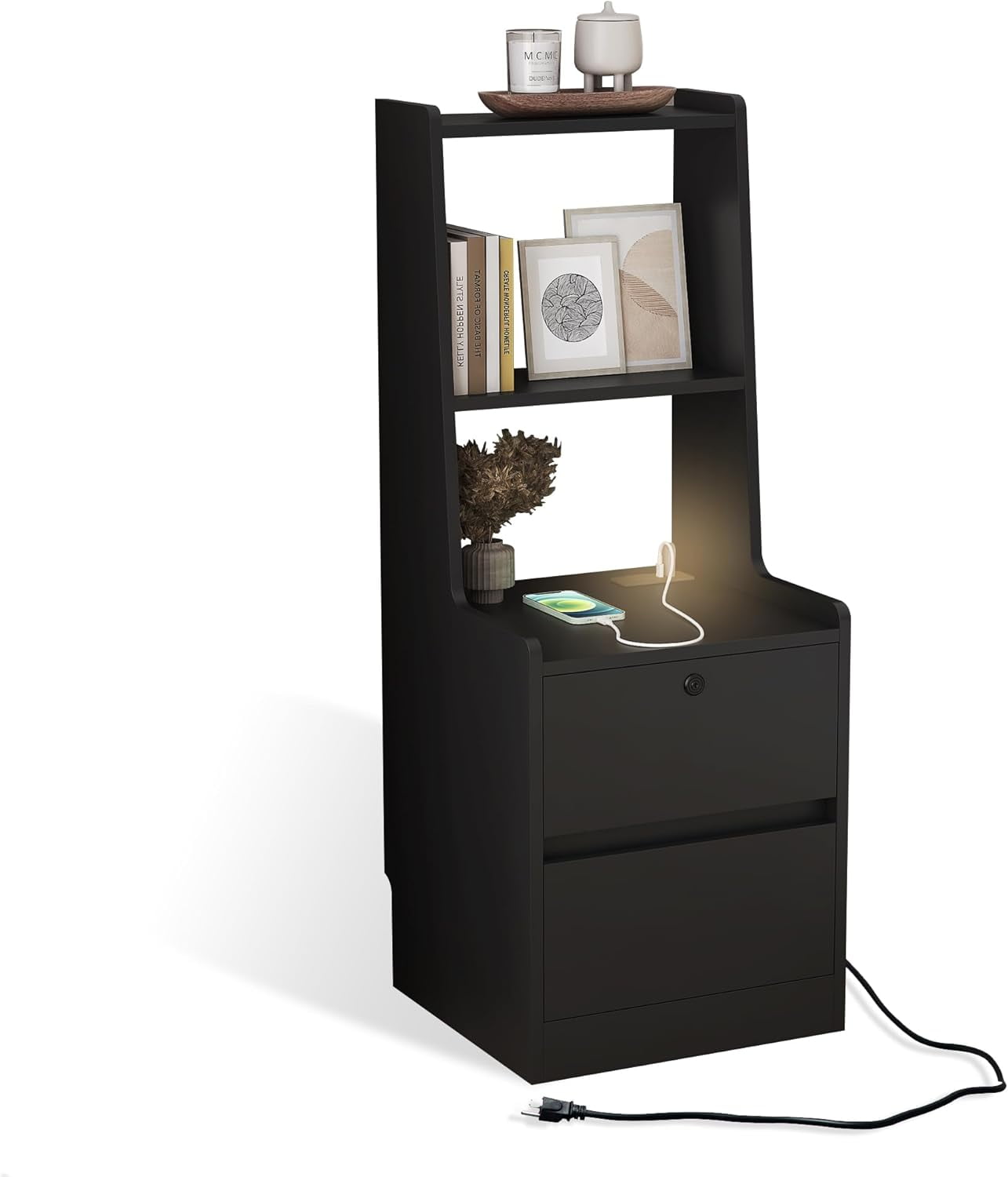 Tall Nightstand with Charging Station and LED Intelligent Voice Night ...