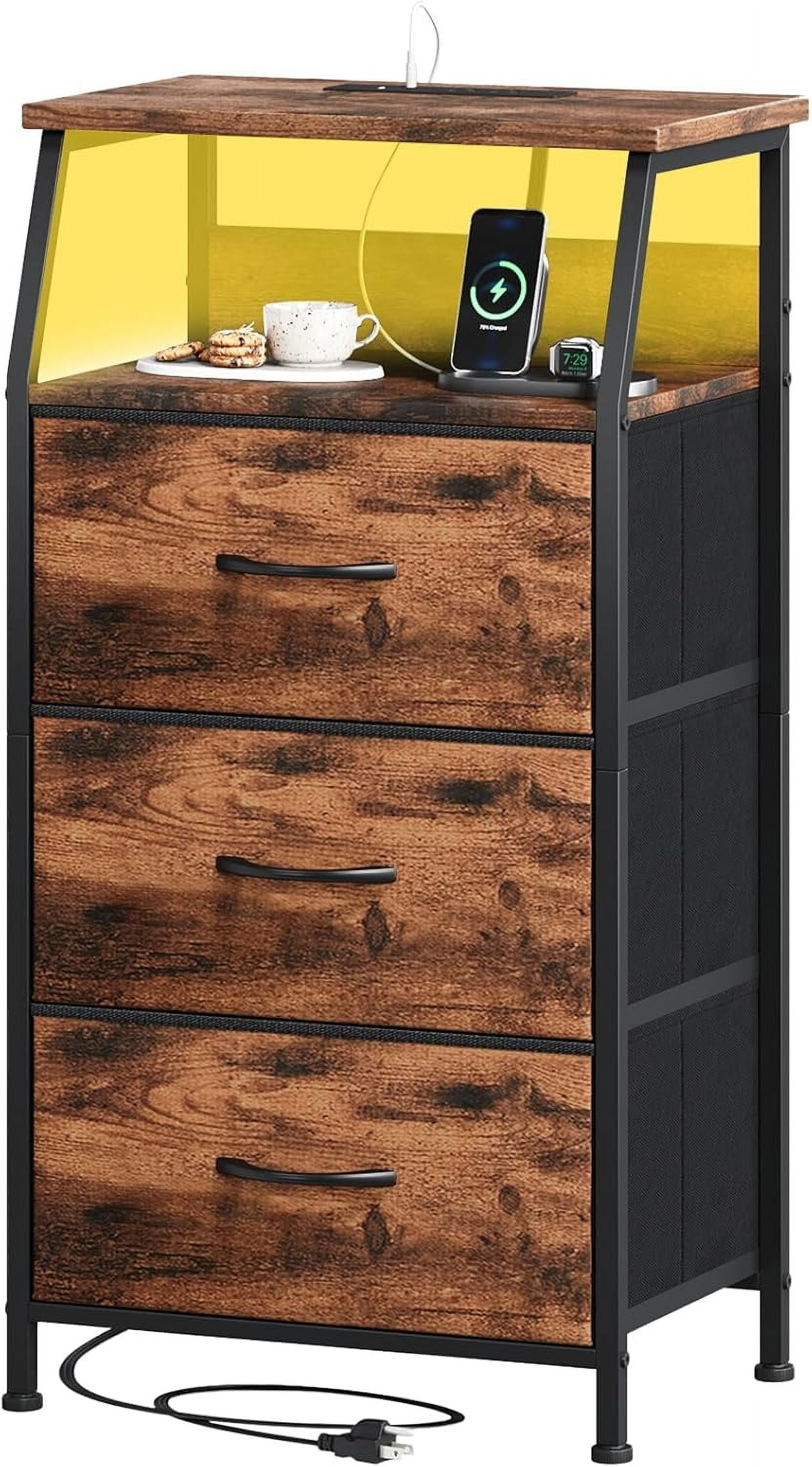 Tall Nightstand with Charging Station and LED Light for Bedroom, 3 ...