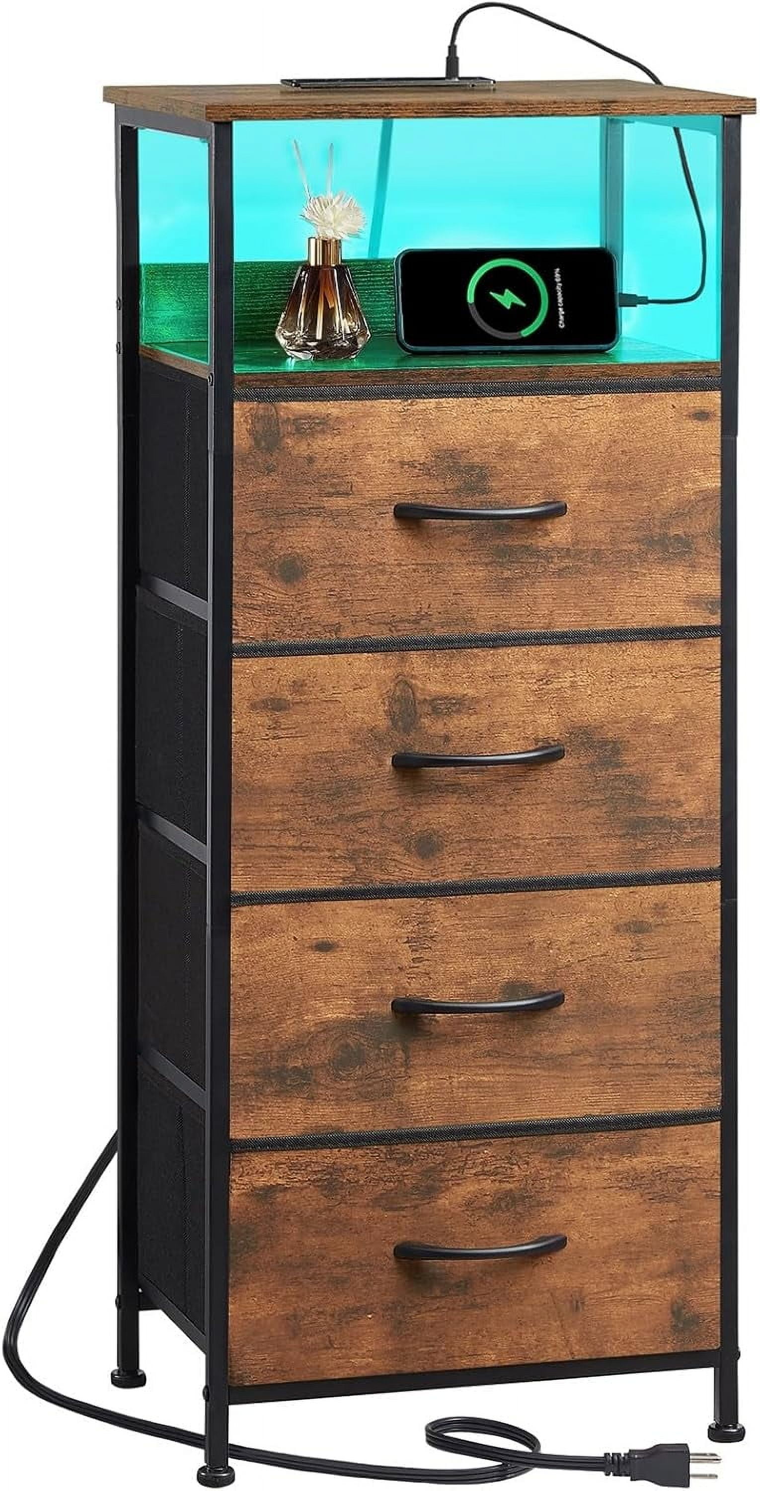 Tall Nightstand with Charging Station and LED Light for Bedroom, 4 ...