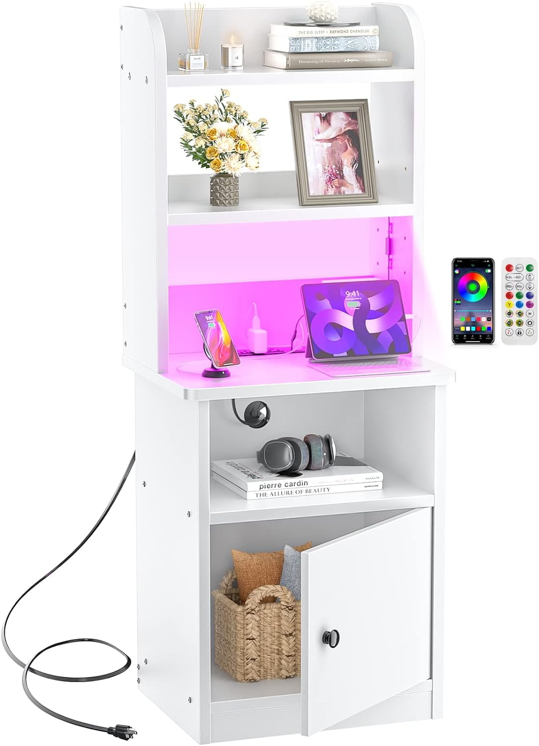 Tall Nightstand with Charging Station and LED Lights - 47" Tall Bedside ...