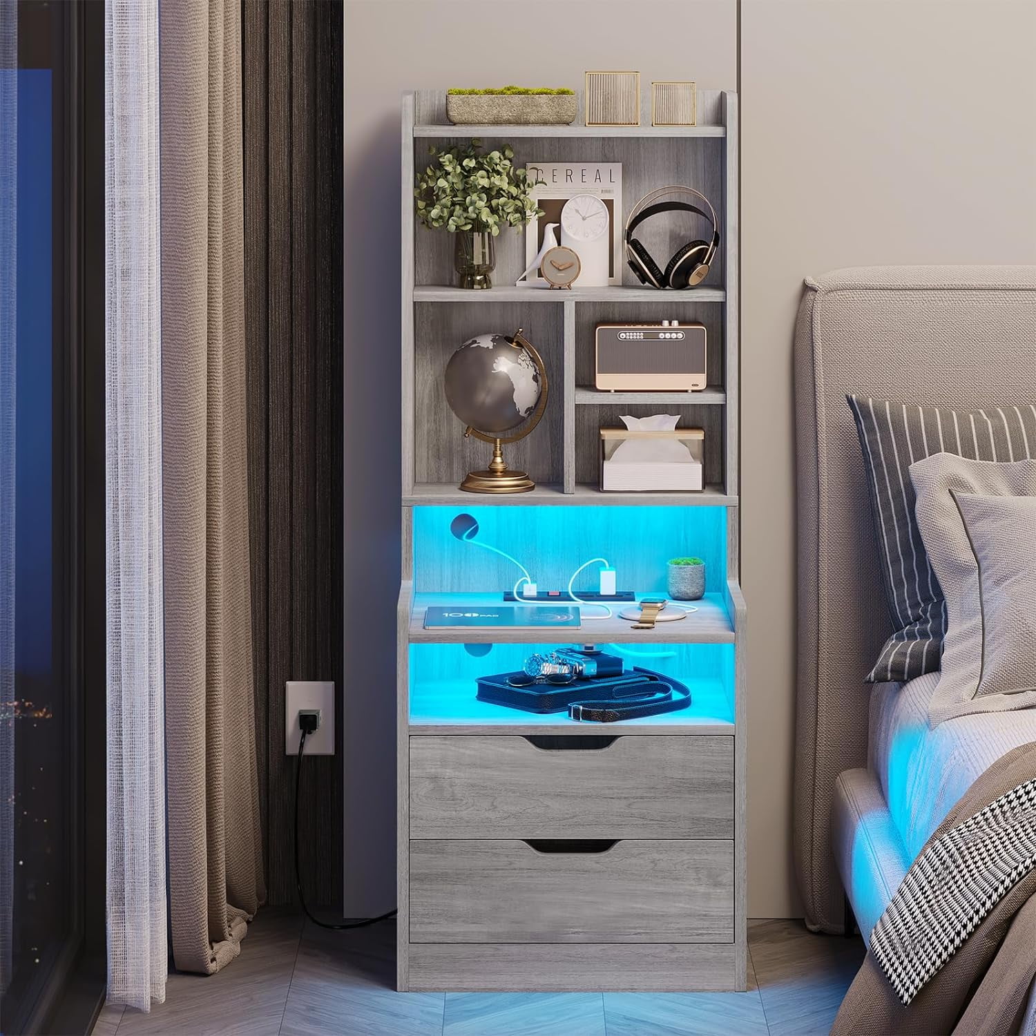 Tall Nightstand with Charging Station and LED Lights, LED Gray ...
