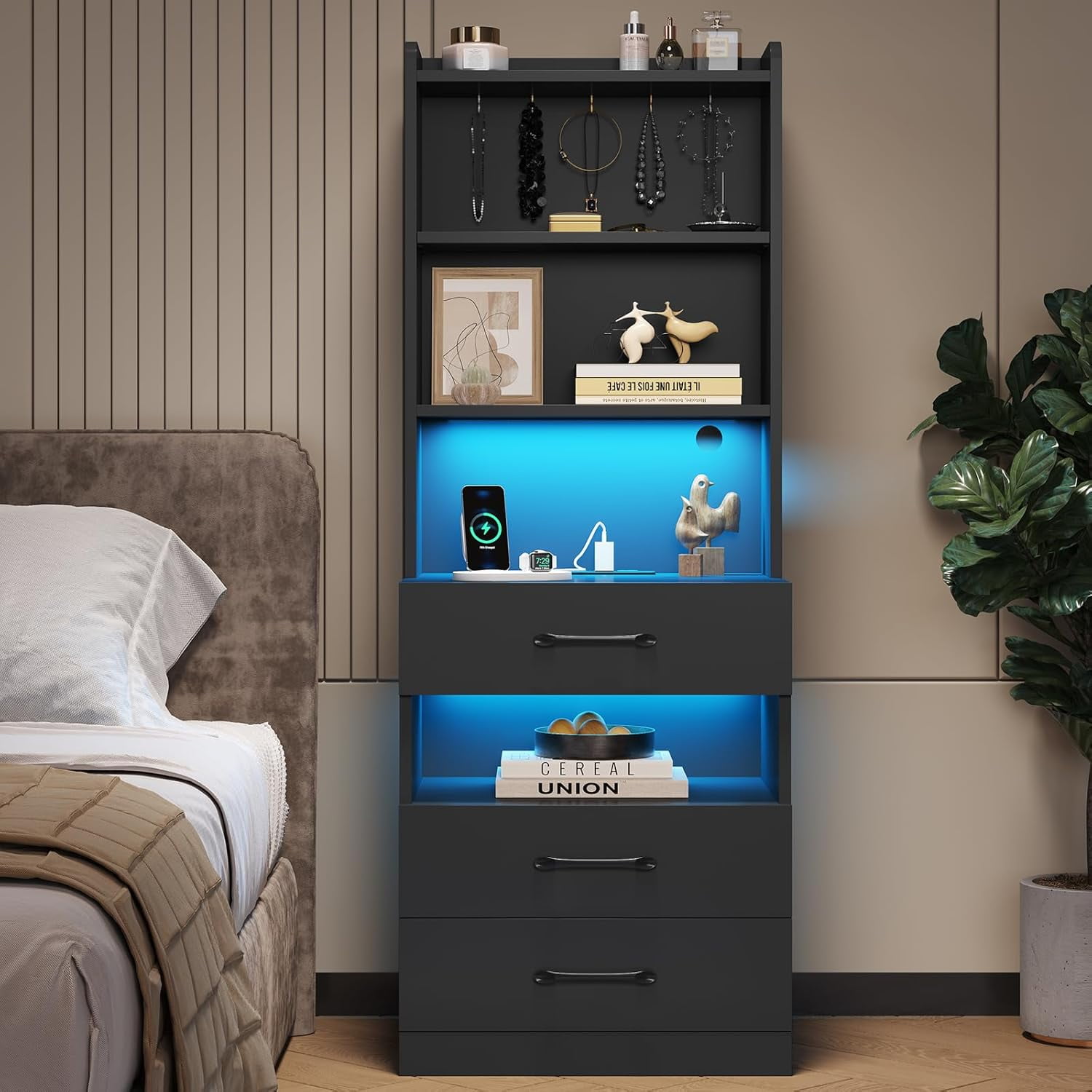 Tall Nightstand with Charging Station and LED Lights, Large Black Night ...