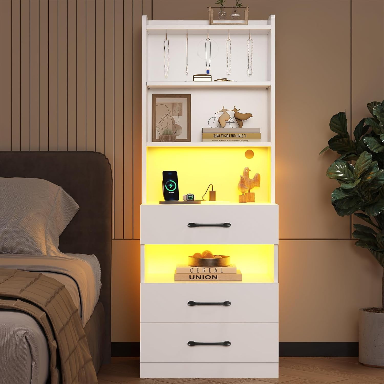 Tall Nightstand with Charging Station and LED Lights, Large White Night ...