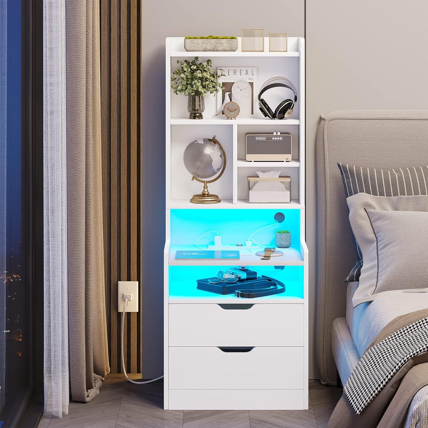 Tall Nightstand with Charging Station and LED Lights, White LED ...