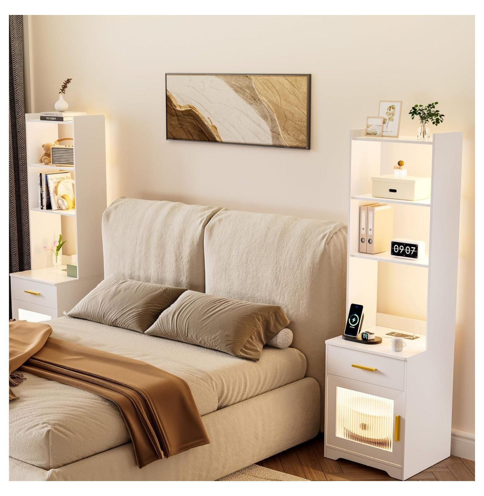 Tall Nightstand with Charging Station Set of 2, 58" Smart Nightstand ...