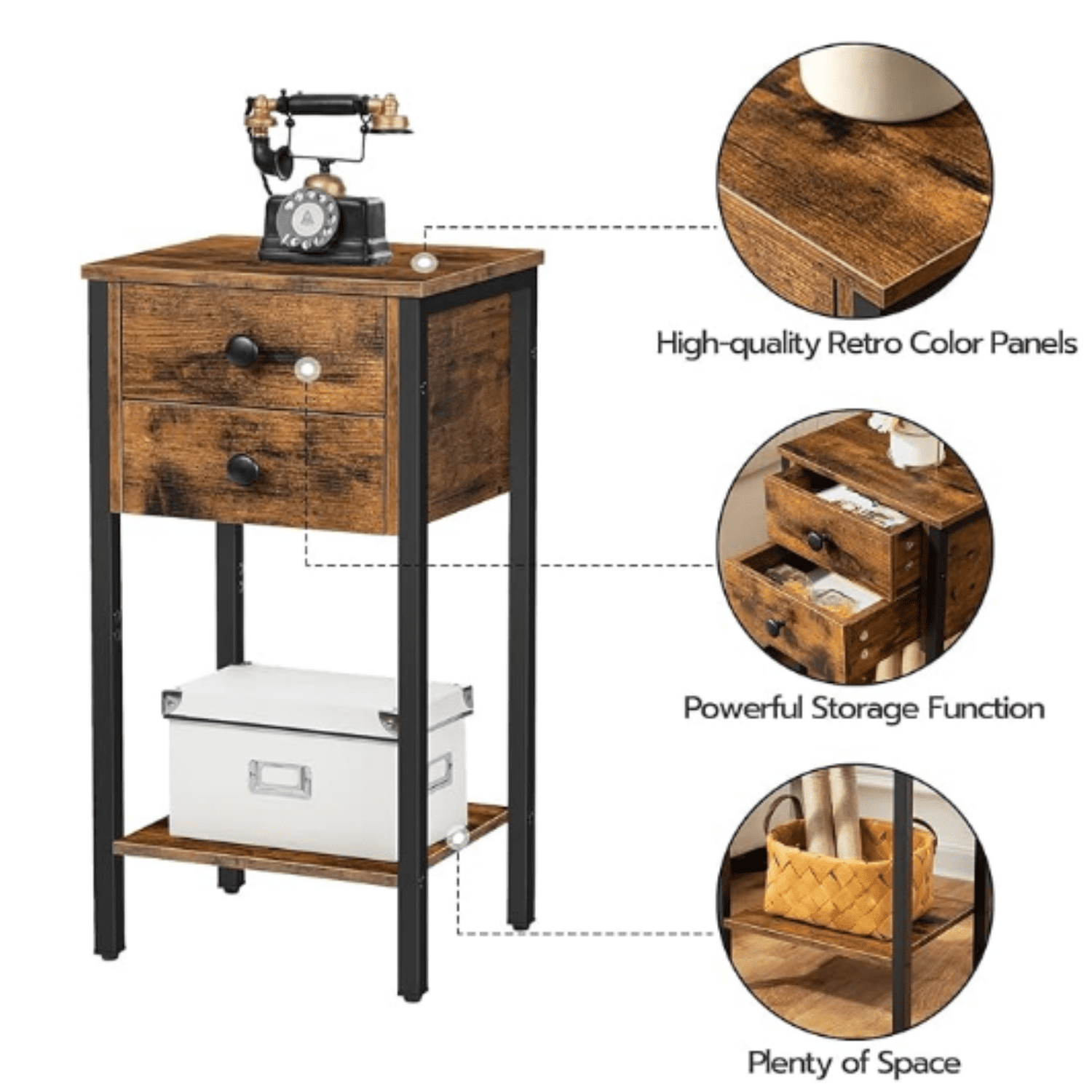 Tall Nightstand, End Table with 2 Drawers and Storage Shelf, Industrial ...