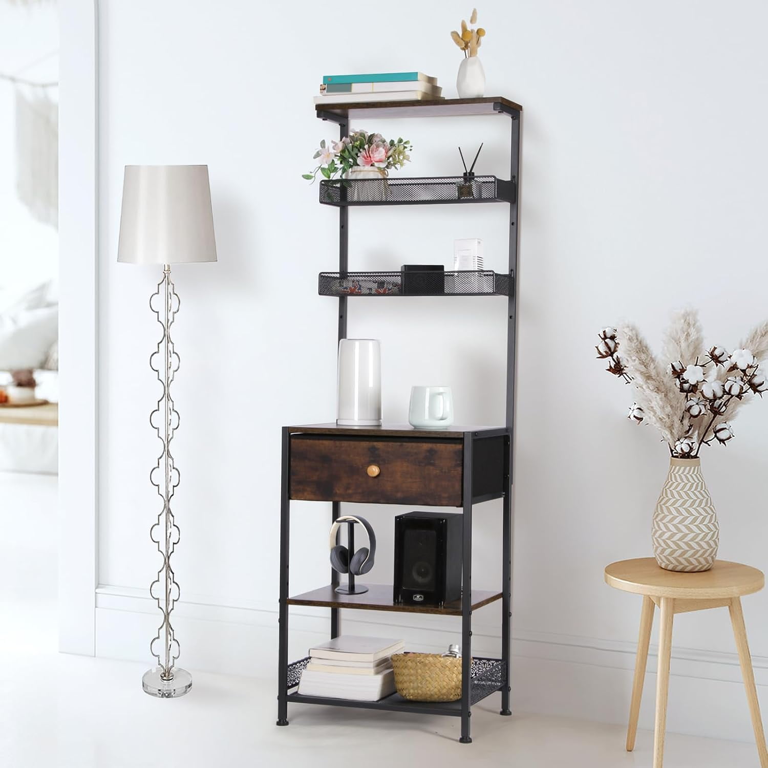 Tall Nightstand with Fabric Drawers, Bedside Table with Open Storage ...