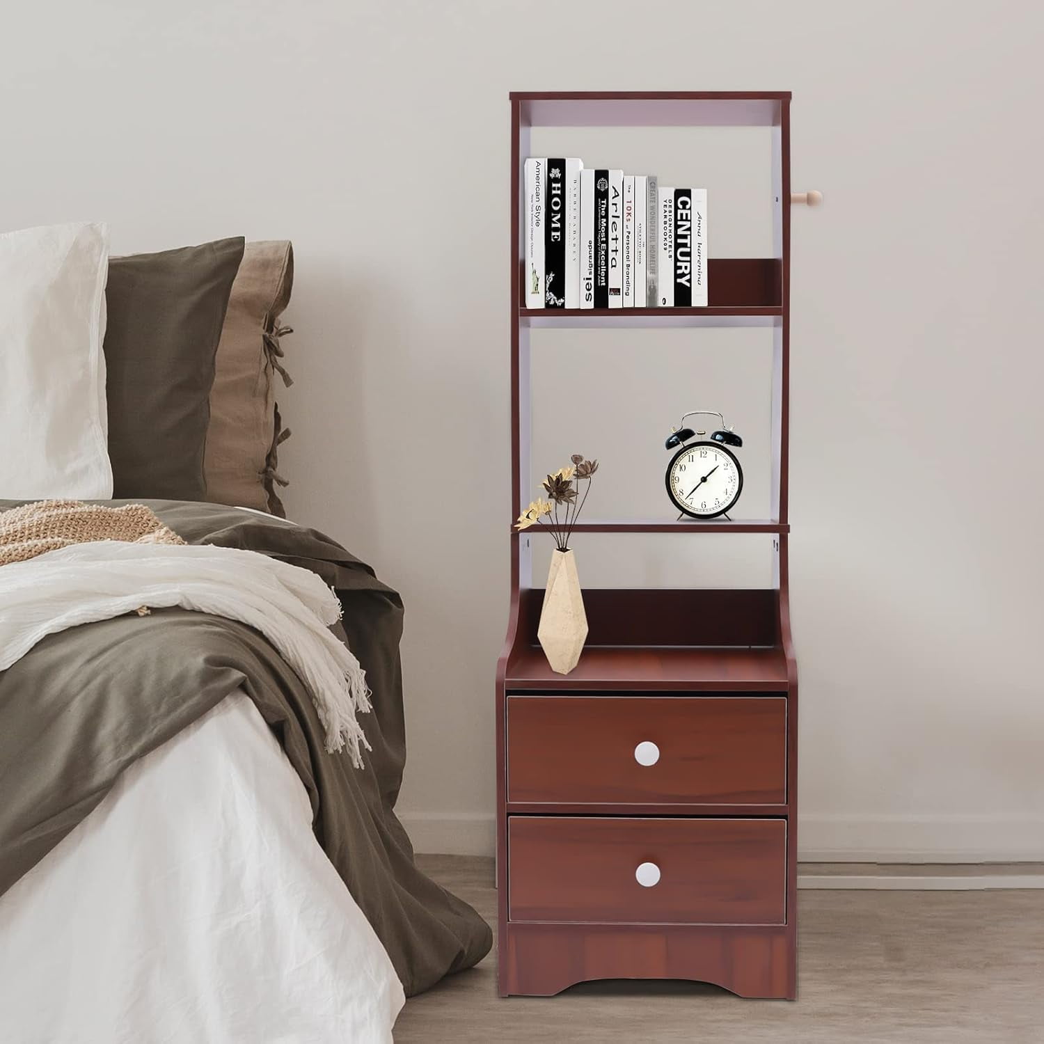 Tall Nightstand Organizer Shelf Bookcase with 2 Drawers and 3 Tier ...