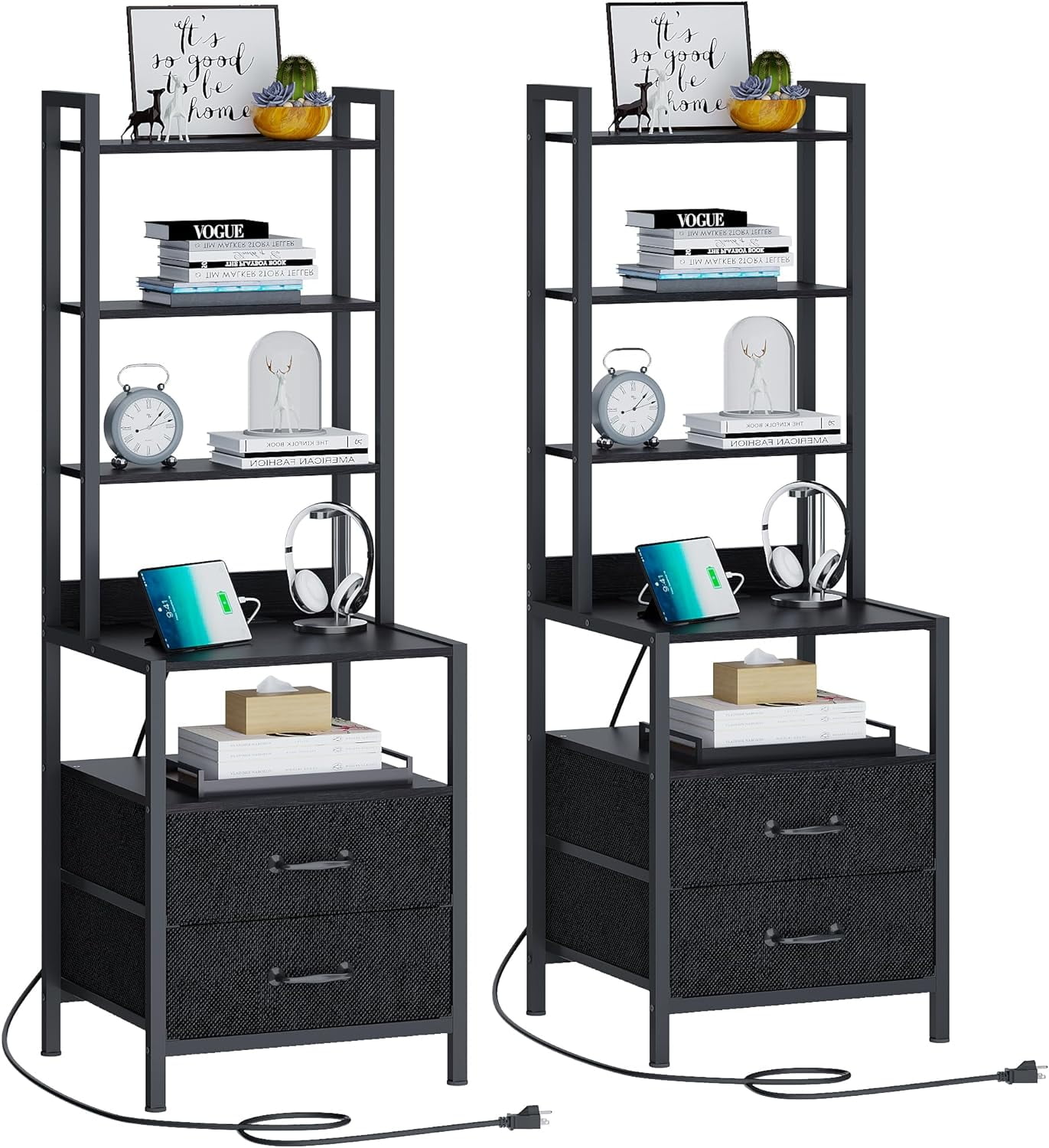 Tall Nightstand Set of 2 with Charging Station and Fabric Drawers, 49.6 ...