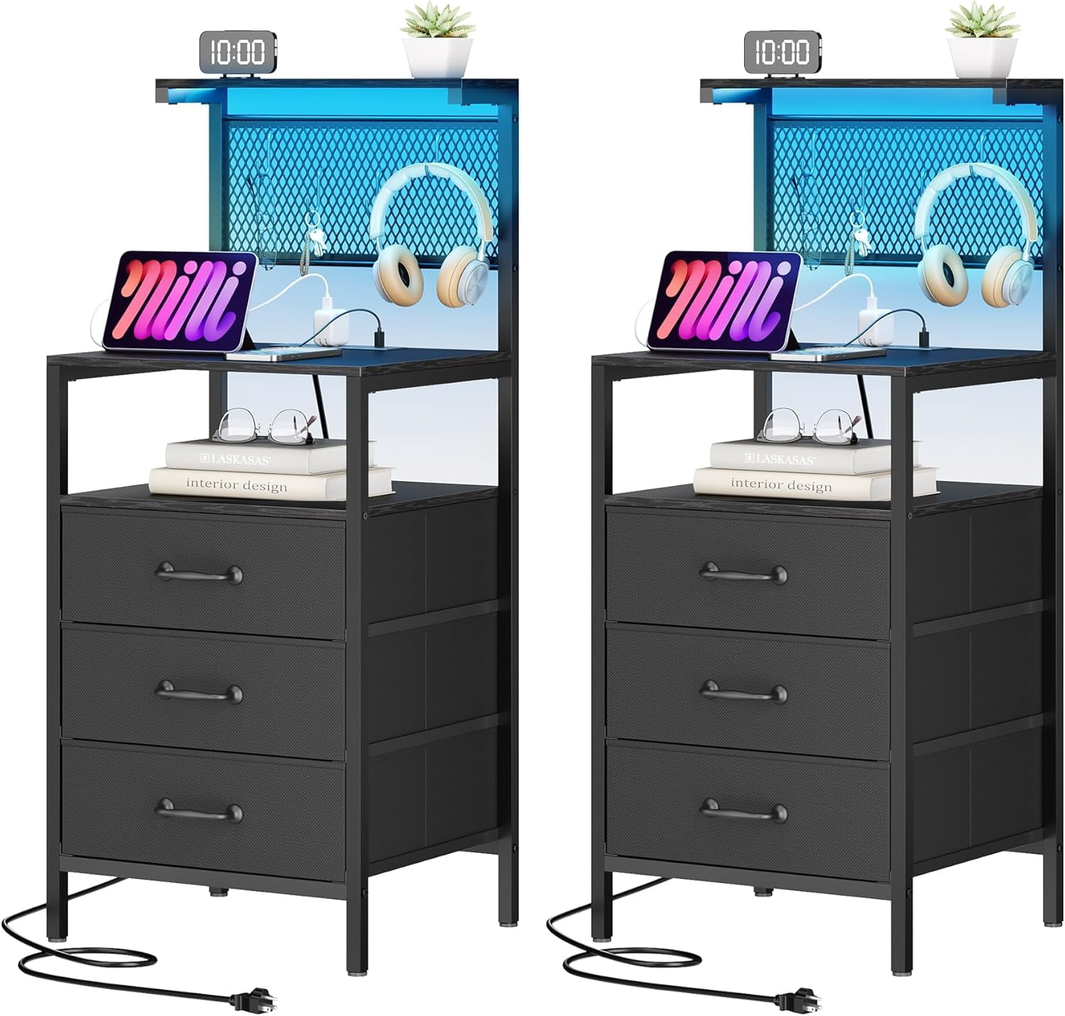 Tall Nightstand Set 2 with Charging Station and LED Lights, Large Night ...