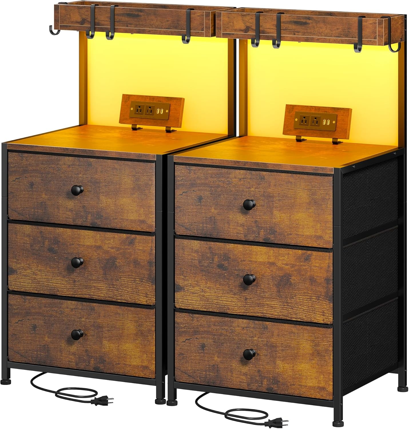 Tall Nightstand Set of 2 with Charging Station and Led Lights ...