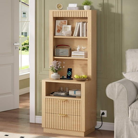 Fluted Nightstand Set of 2, Modern Side Table with Faux Marble Top and ...