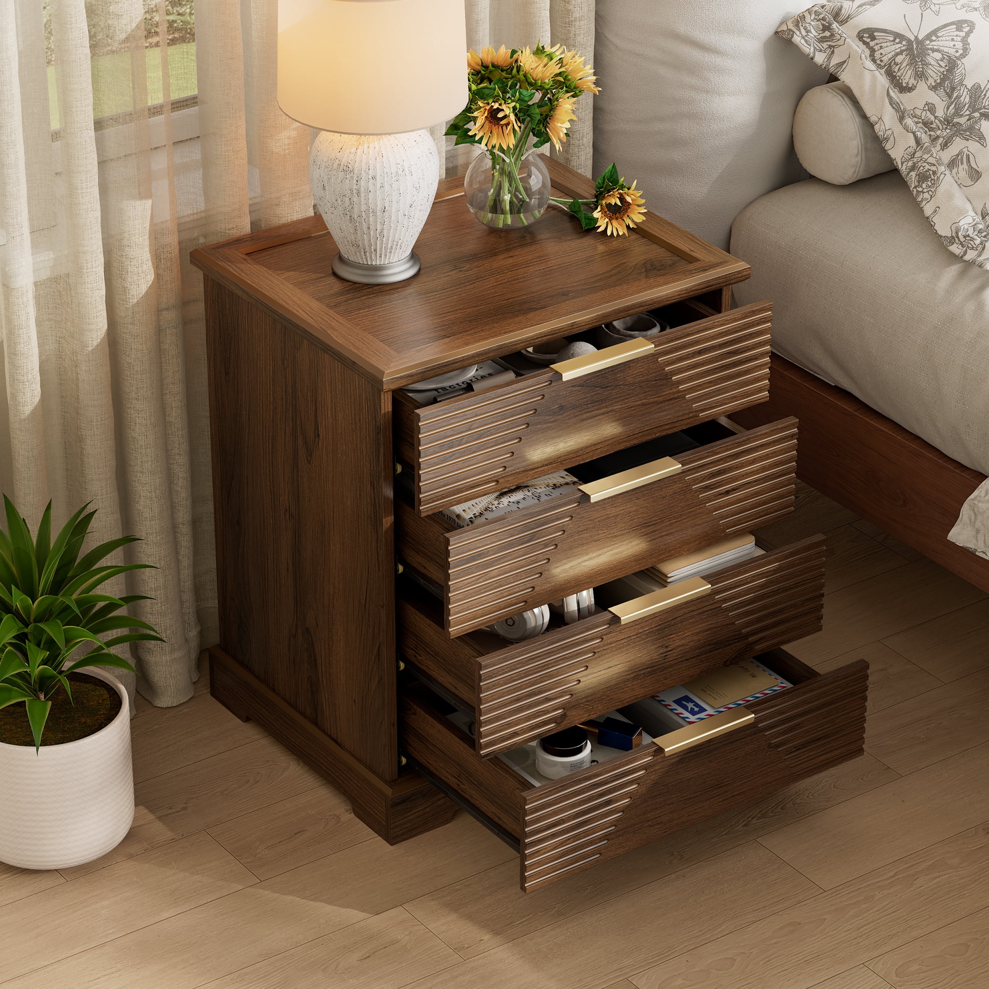 Tall Nightstand with 4 Drawers, Walnut Fluted Bedside Table with Gold ...