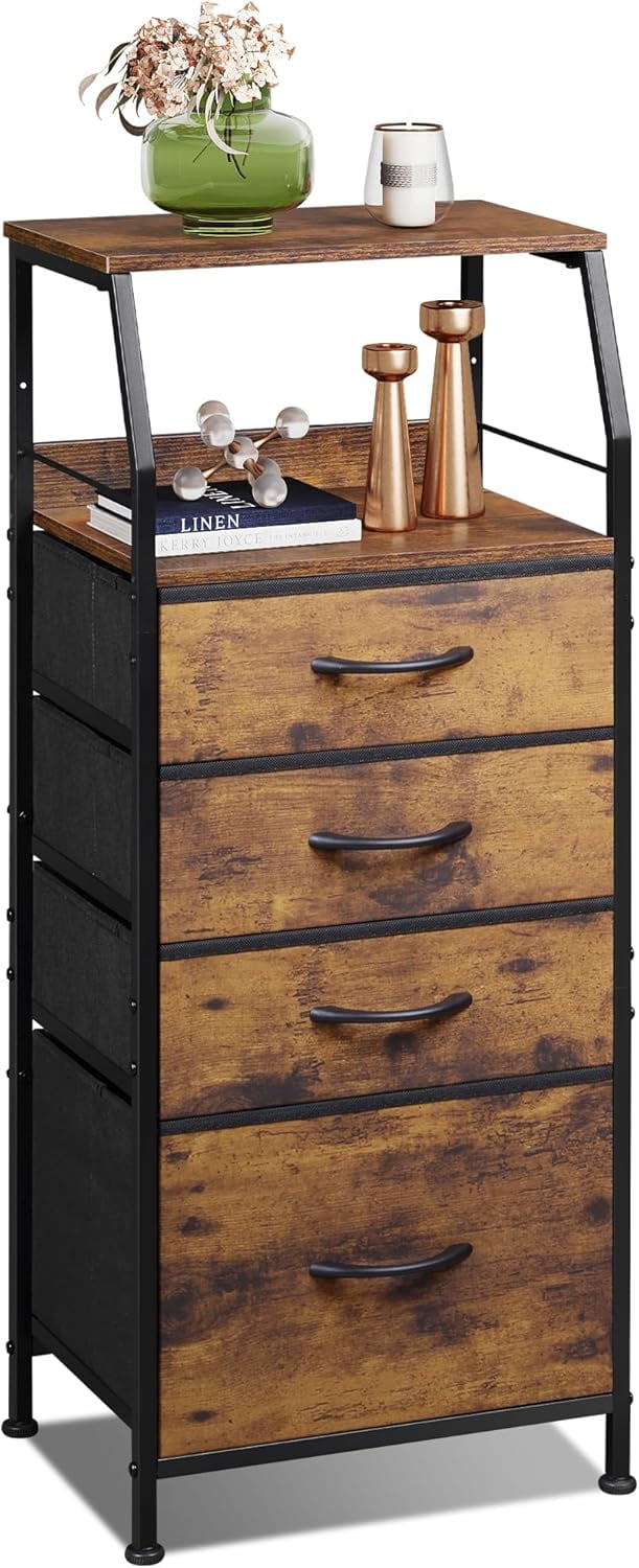Tall Nightstand with 4 Fabric Drawers & Open Shelf, Bedside Table for ...