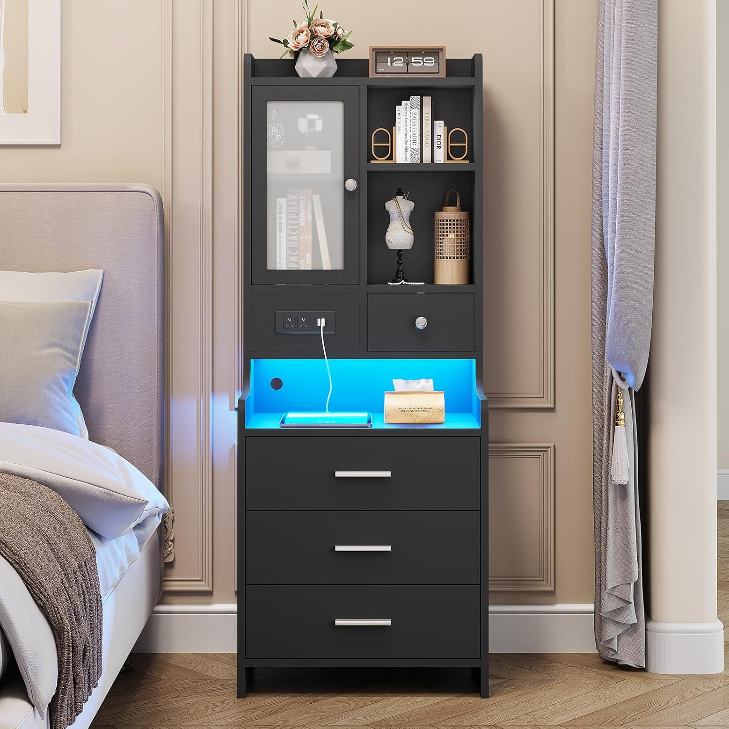 Tall Nightstand with Charging Station, Black Bedside Table with Drawers ...