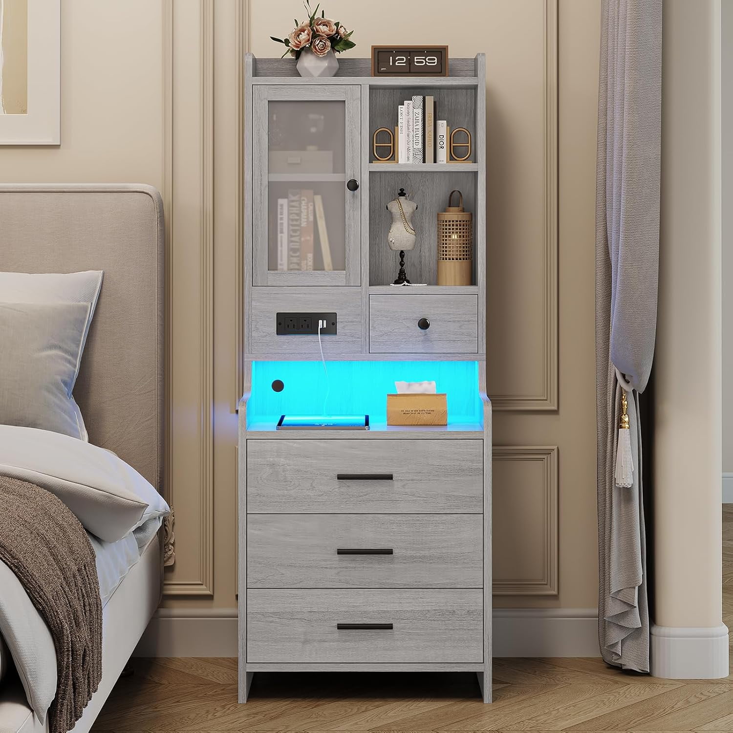Tall Nightstand with Charging Station, Grey Night Stand with Drawers ...