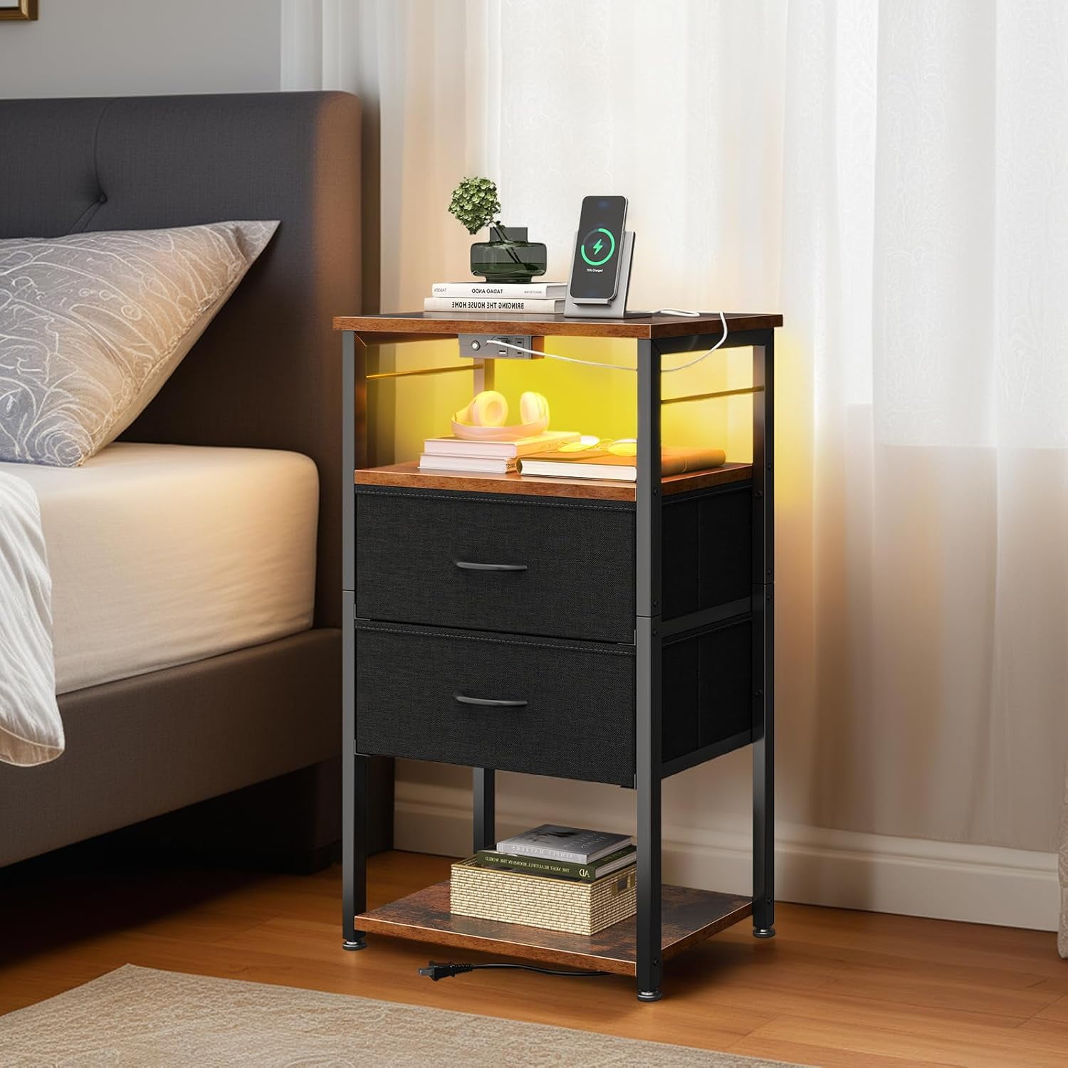 Tall Nightstand with Charging Station and LED Lights, Bedside Table ...