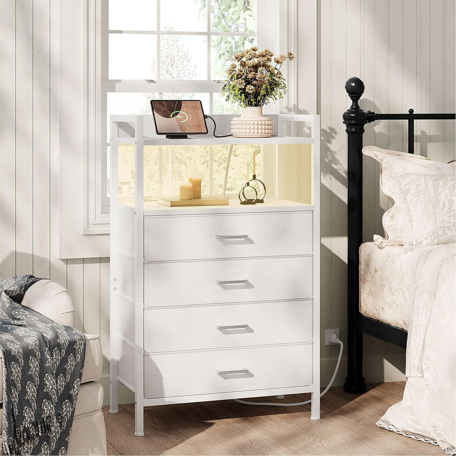 Tall Nightstand with Drawers White Night Stand with Charging Station ...
