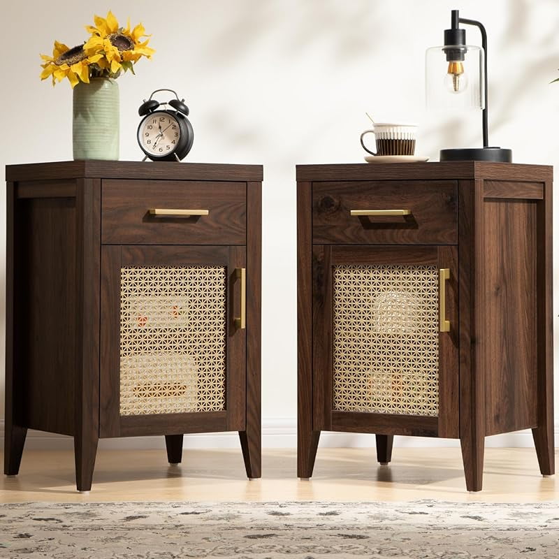 Tall Nightstands Set of 2 with Drawer, Mid Century Modern Wooden Night ...