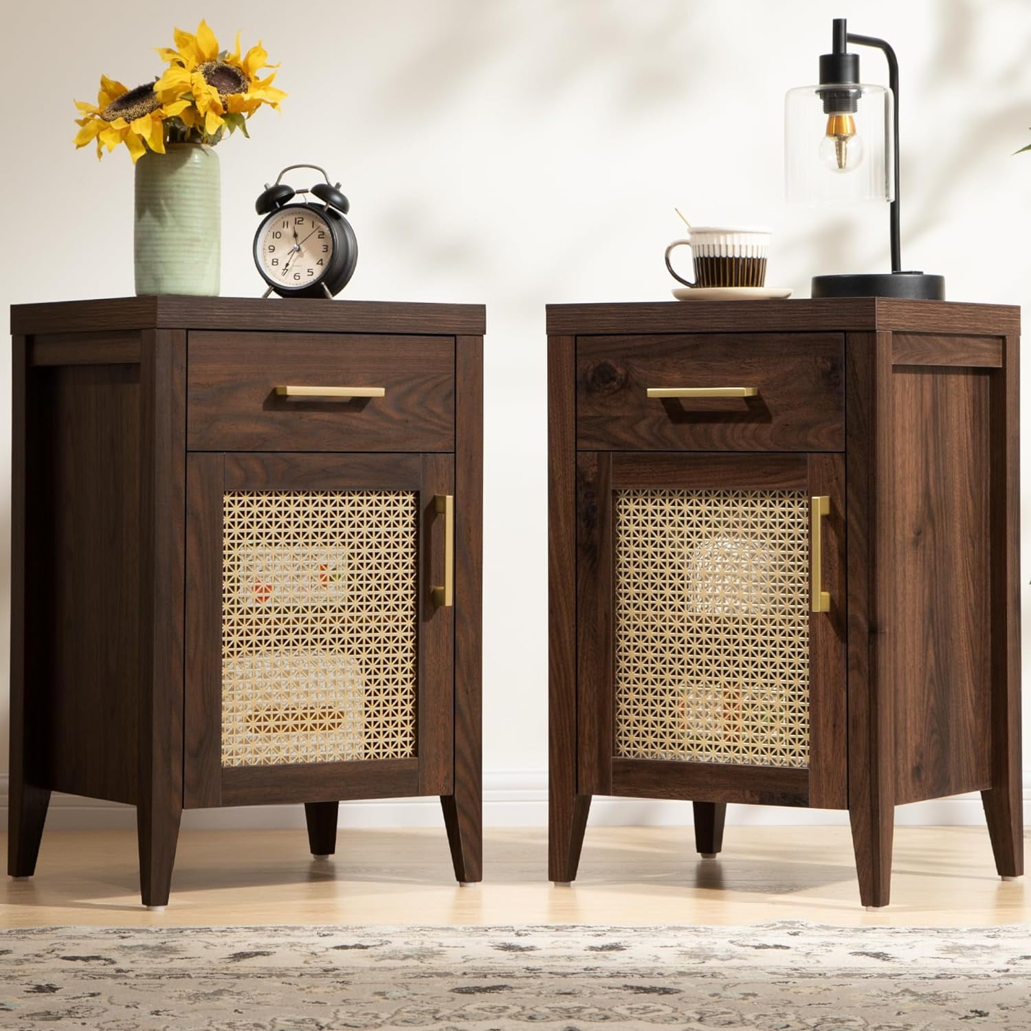 Tall Nightstands Set of 2 with Drawer, Mid Century Modern Wooden Night ...