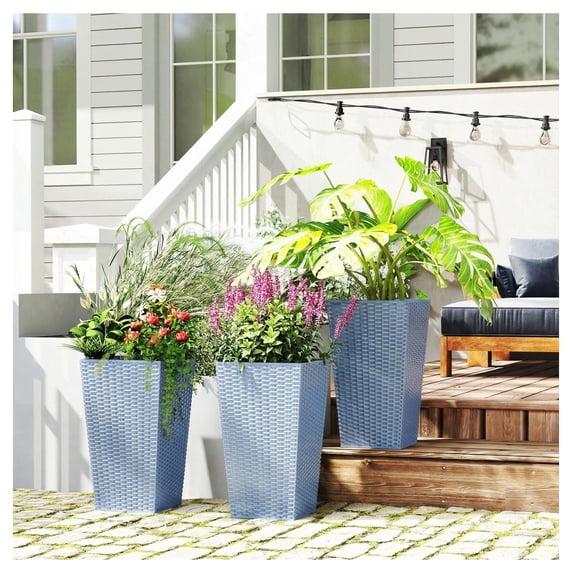 Tall Planters Outdoor Set of 3, 24 Inch Tapered Plant Pots, Rattan ...