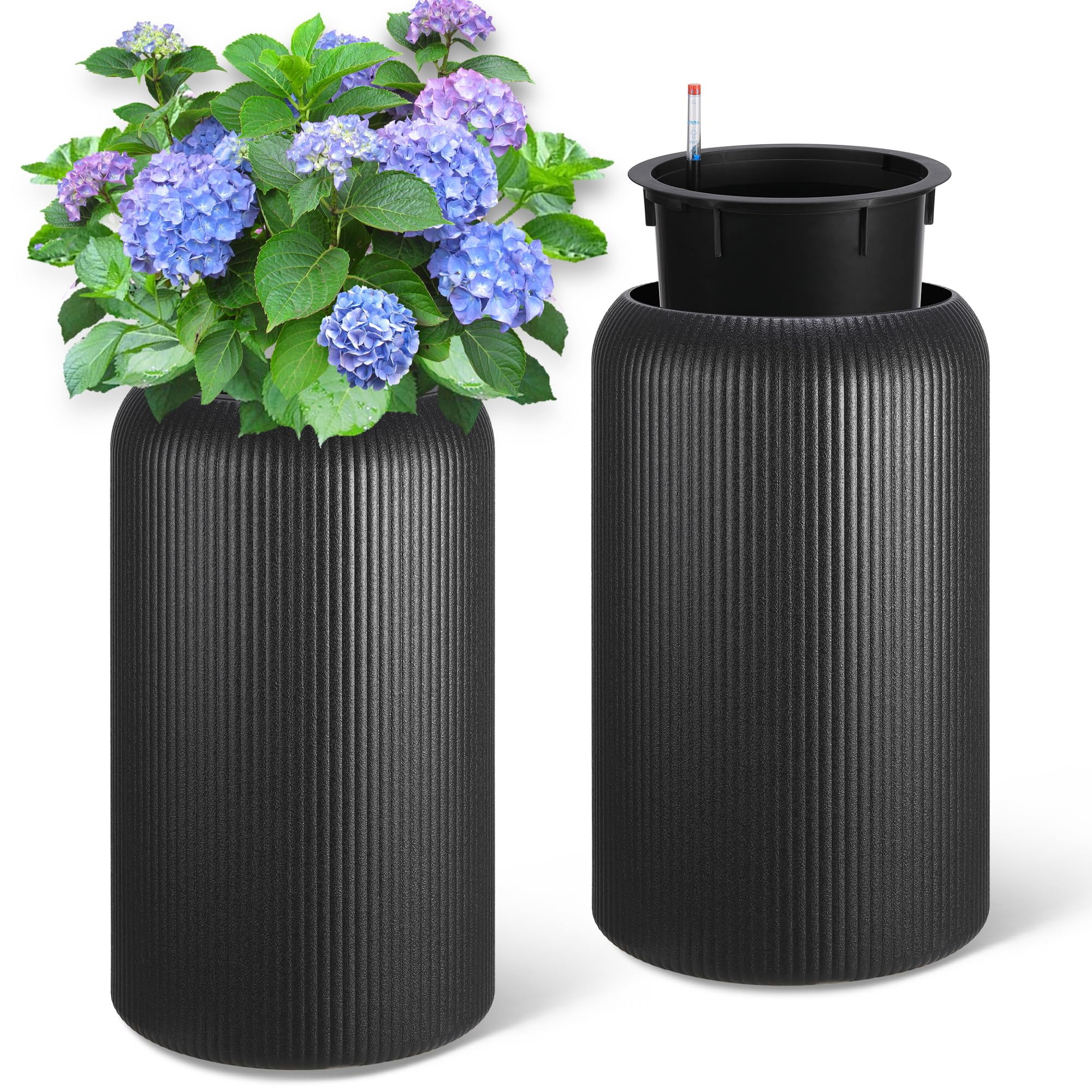 Tall Planters Set of 2, Outdoor Self Watering Pots with Water Level ...