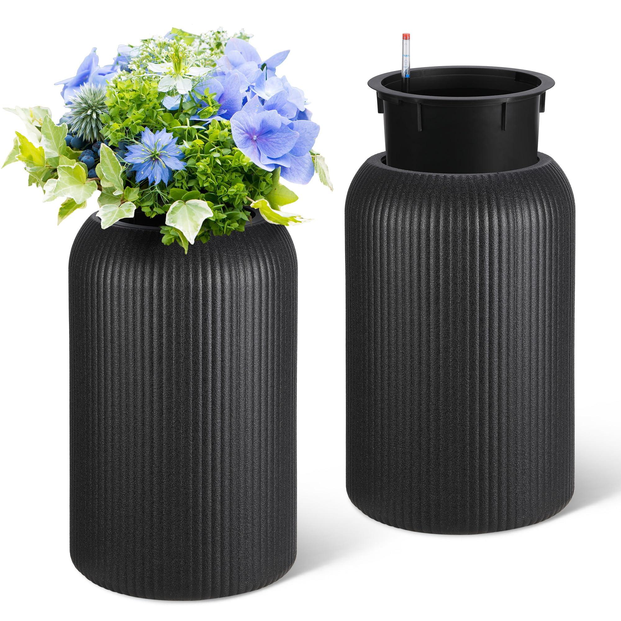 Tall Planters Set of 2, Outdoor Self Watering Pots with Water Level ...