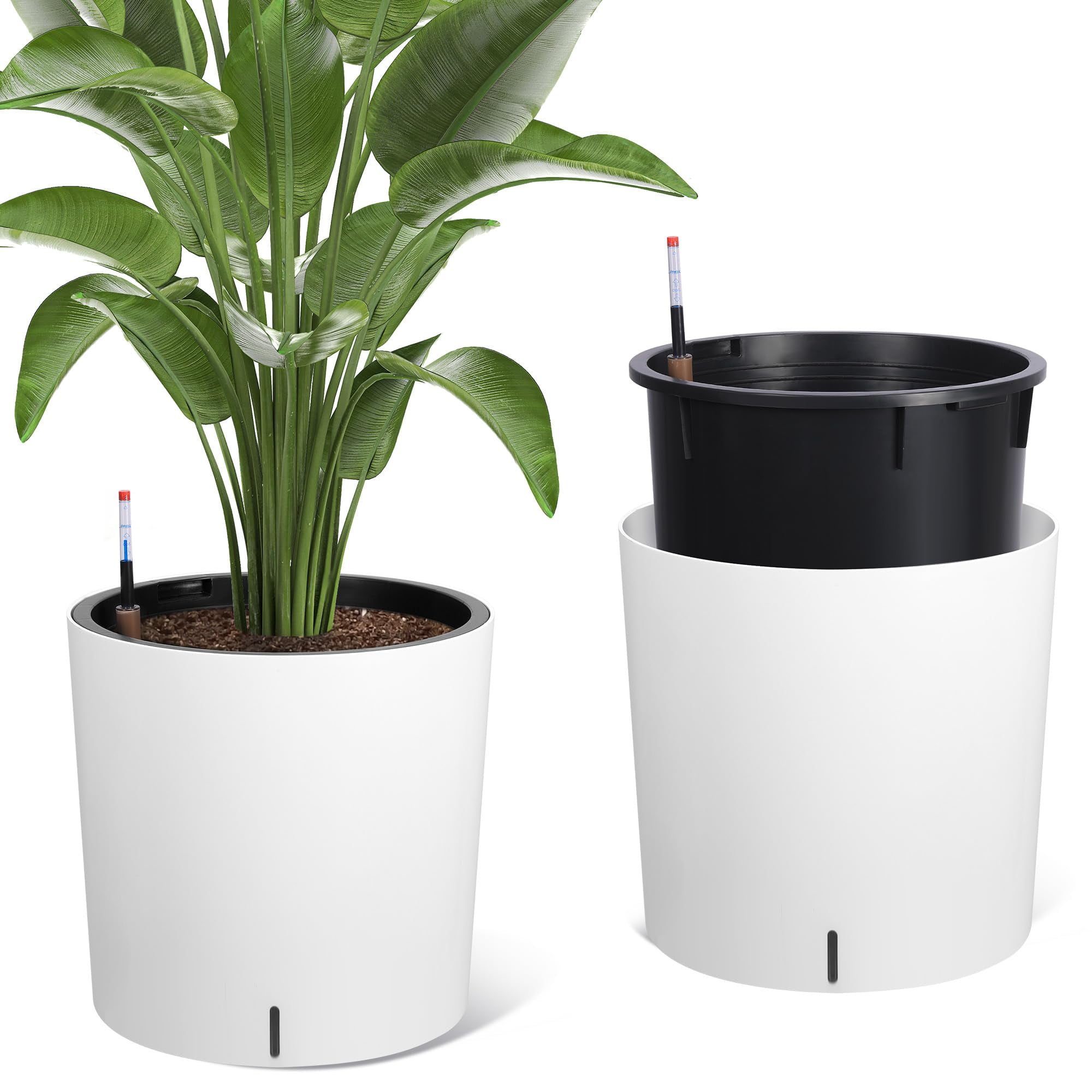 Tall Round Planters Set of 2 Large Indoor Plant Pots with Built-in ...