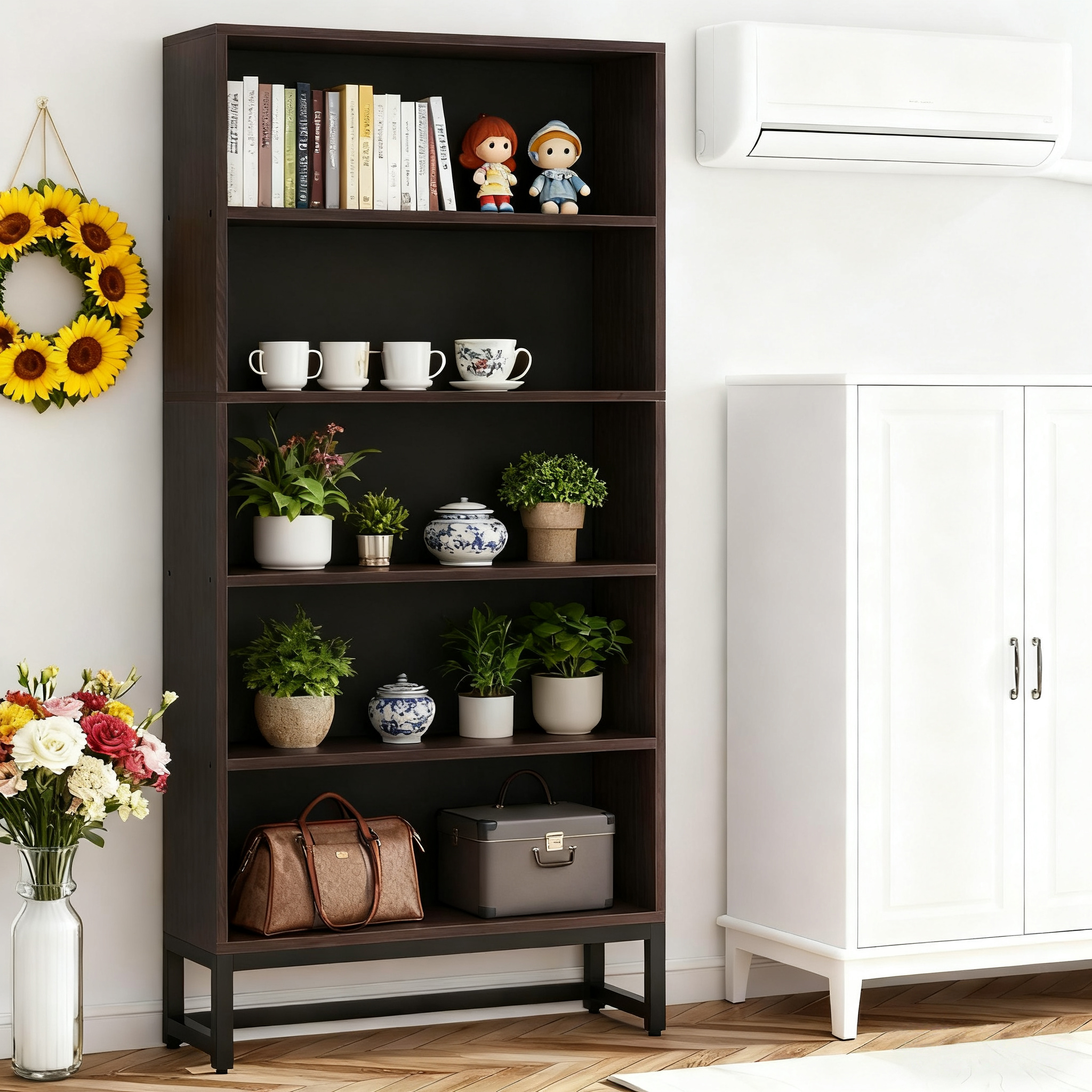 5-Tier 70.8” Heavy Duty Sandalwood Bookshelf, Freestanding Library ...