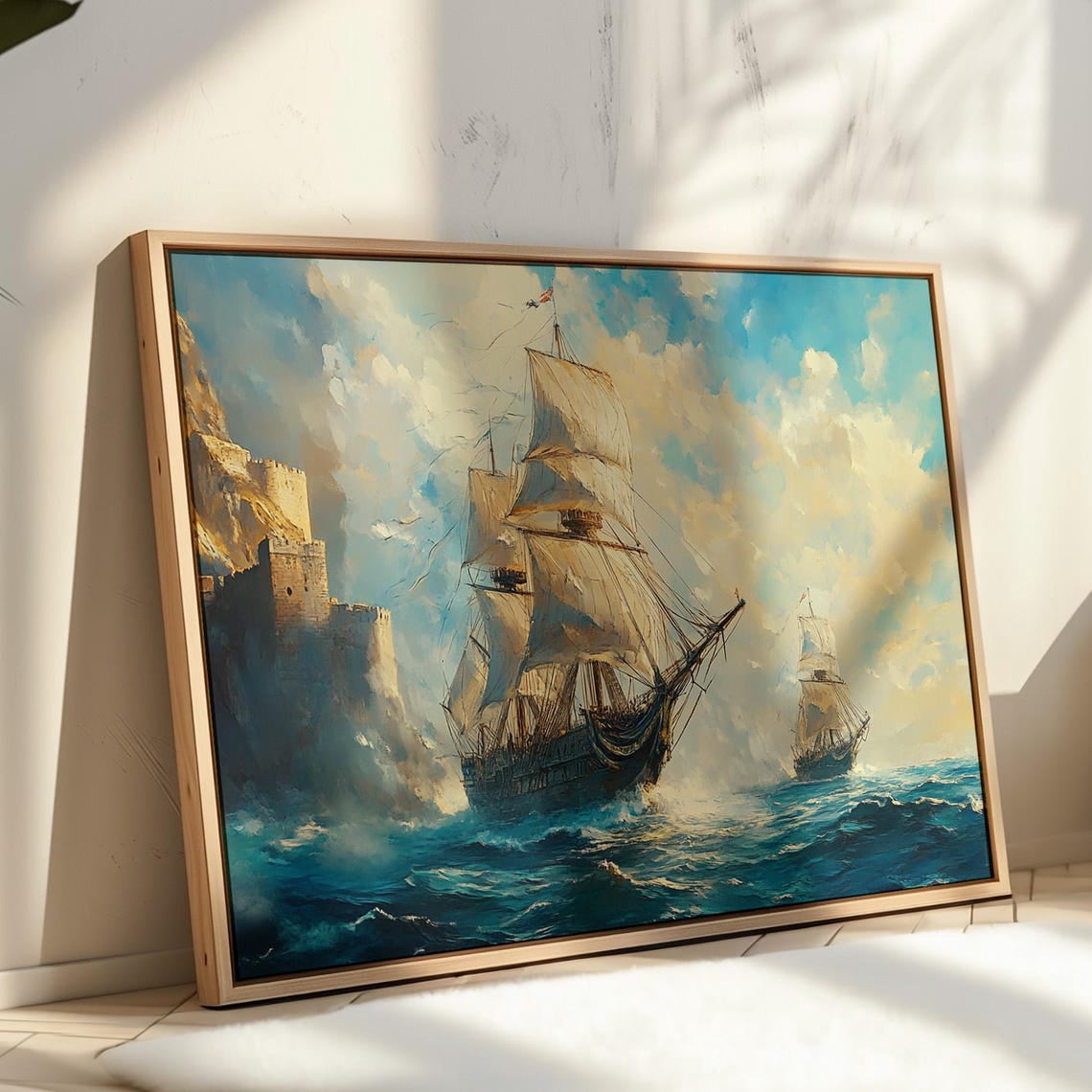 Tall Ships Sailing Past A Cliffside Fortress – Nautical Seascape Art ...