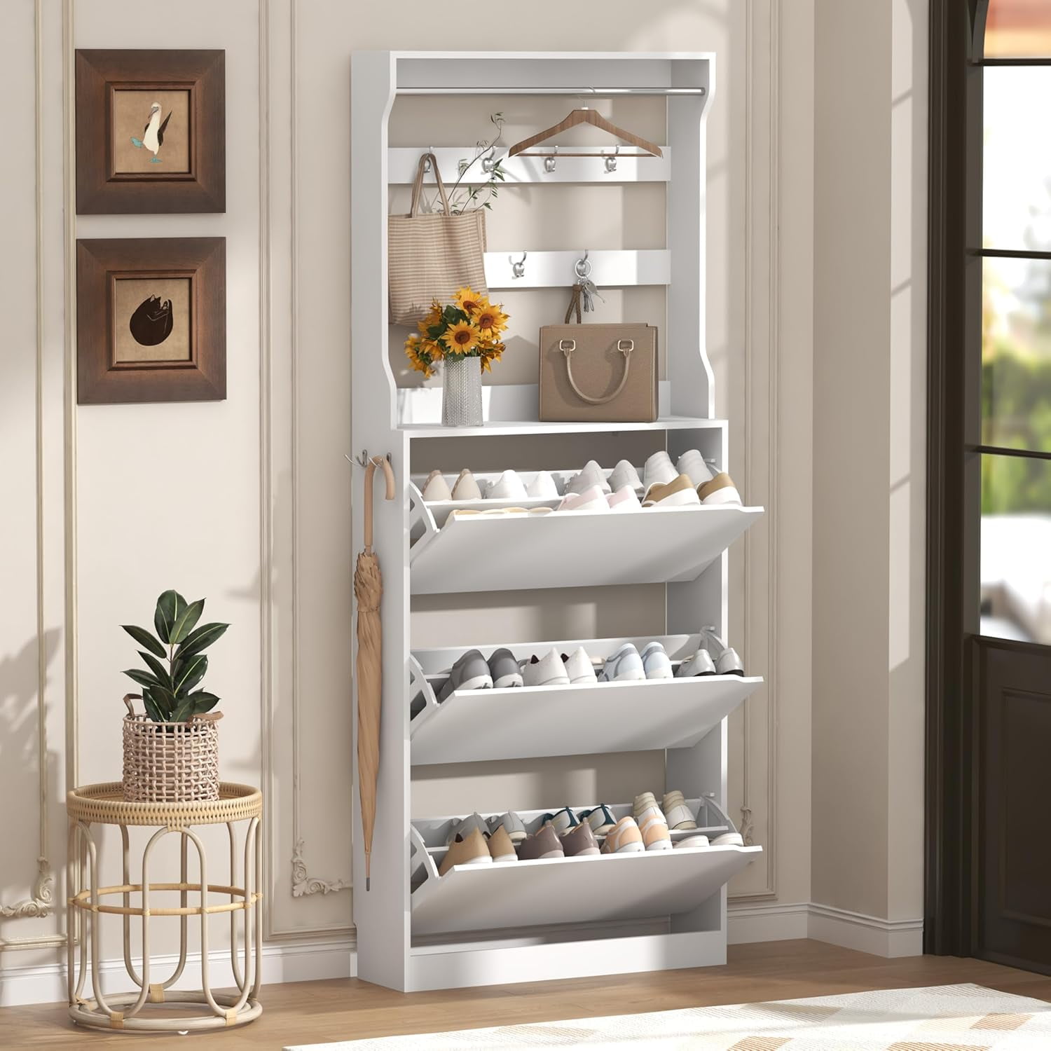 Tall Shoe Cabinet with Coat Rack, Hidden Shoe Storage Cabinet with ...