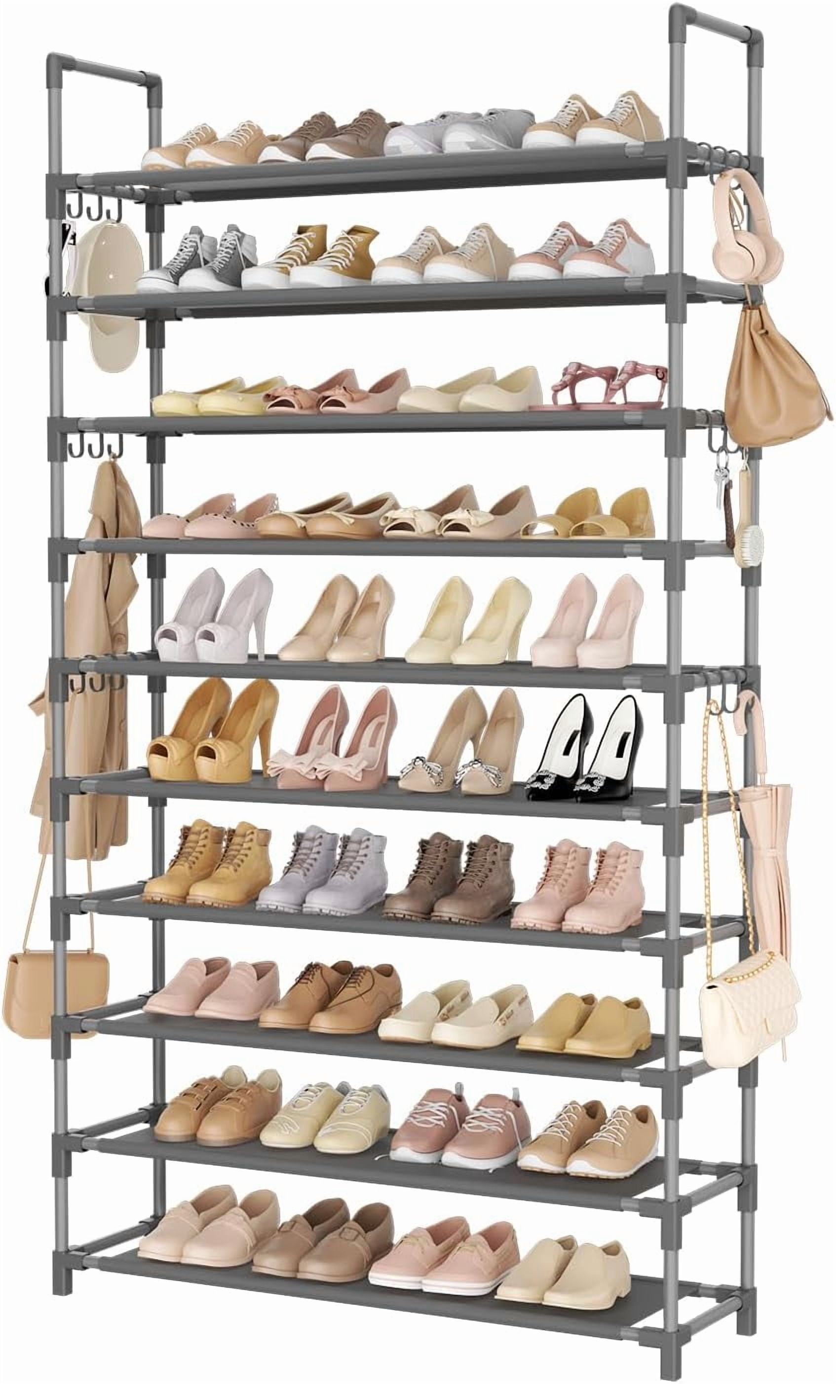 Tall Shoe Rack 10 Tier Shoe Organizer Large Shoe Shelf with 18 Hooks ...