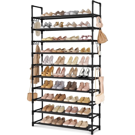Tall Shoe Rack 10 Tier Shoe Organizer Large Shoe Shelf with 18 Hooks ...