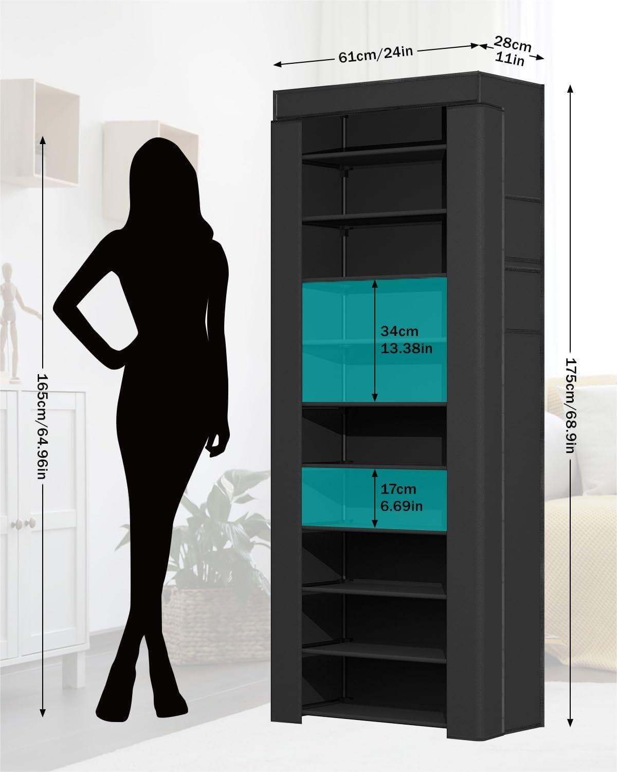 Tall Shoe Rack with Magnetic Closure Cover - 10 Tier Storage Cabinet ...