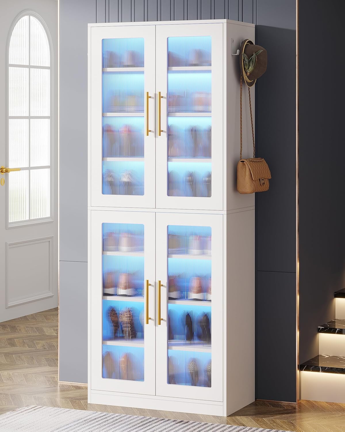 Tall Shoe Storage Cabinet with Acrylic Doors and LED Lights, 8-Tier ...