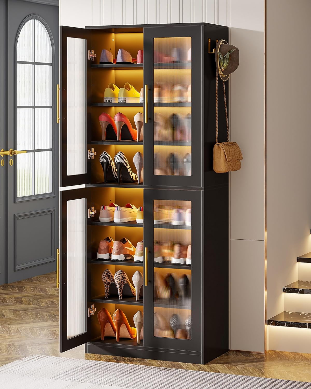 Tall Shoe Storage Cabinet with Acrylic Doors and LED Lights, Entryway ...