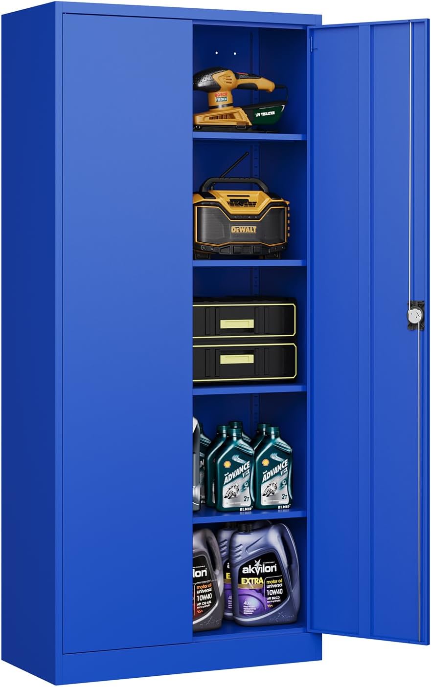 Tall Steel Storage Cabinet with 5 Shelf, Lockable Blue Metal Tool ...