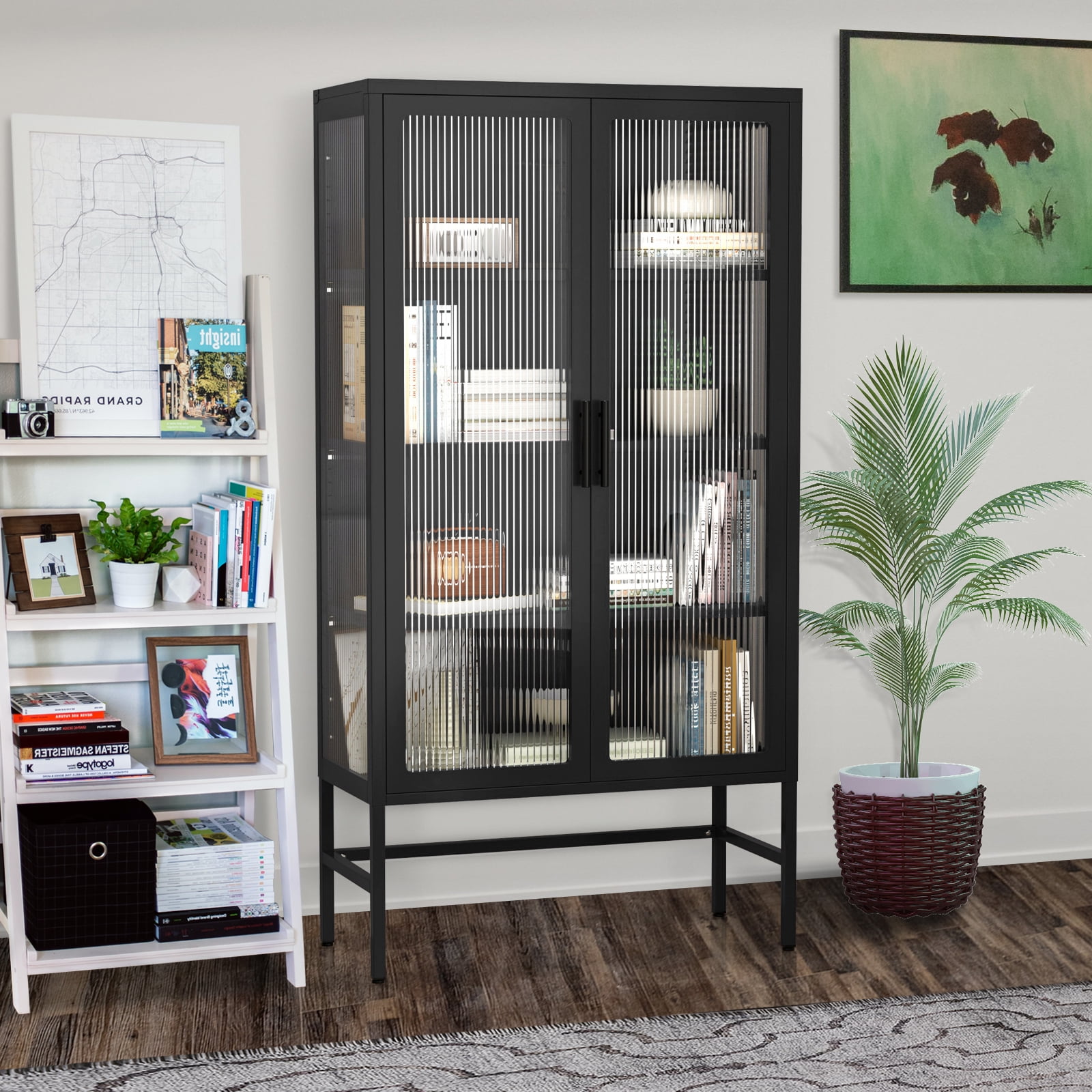 Tall Storage Cabinet with 2 Glass Doors,Freestanding Glass Storage ...