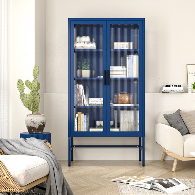 Tall Storage Cabinet with 2 Glass Doors,Freestanding Glass Storage ...