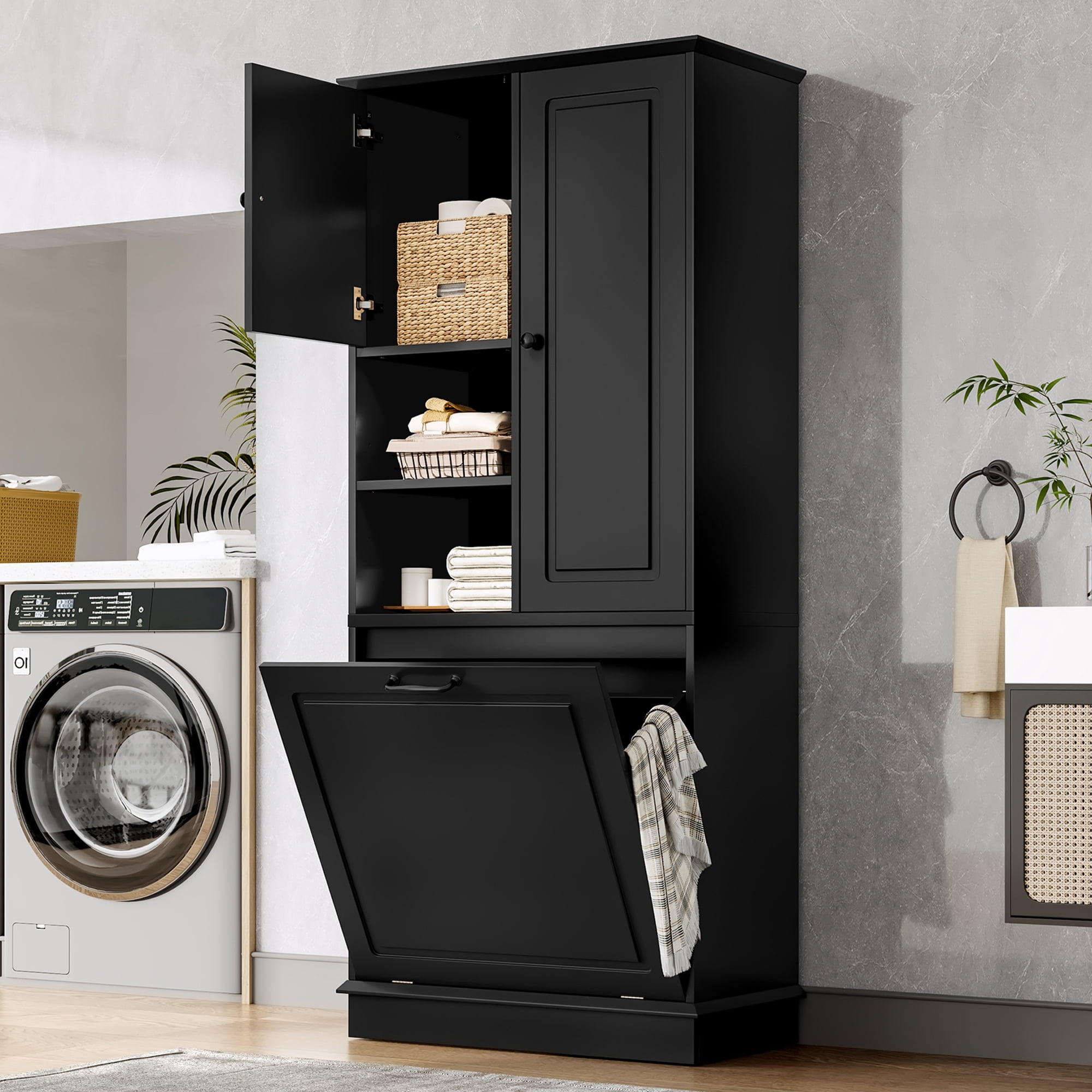 Tall Storage Cabinet with Adjustable Shelves, Large Flip-Out Basket ...