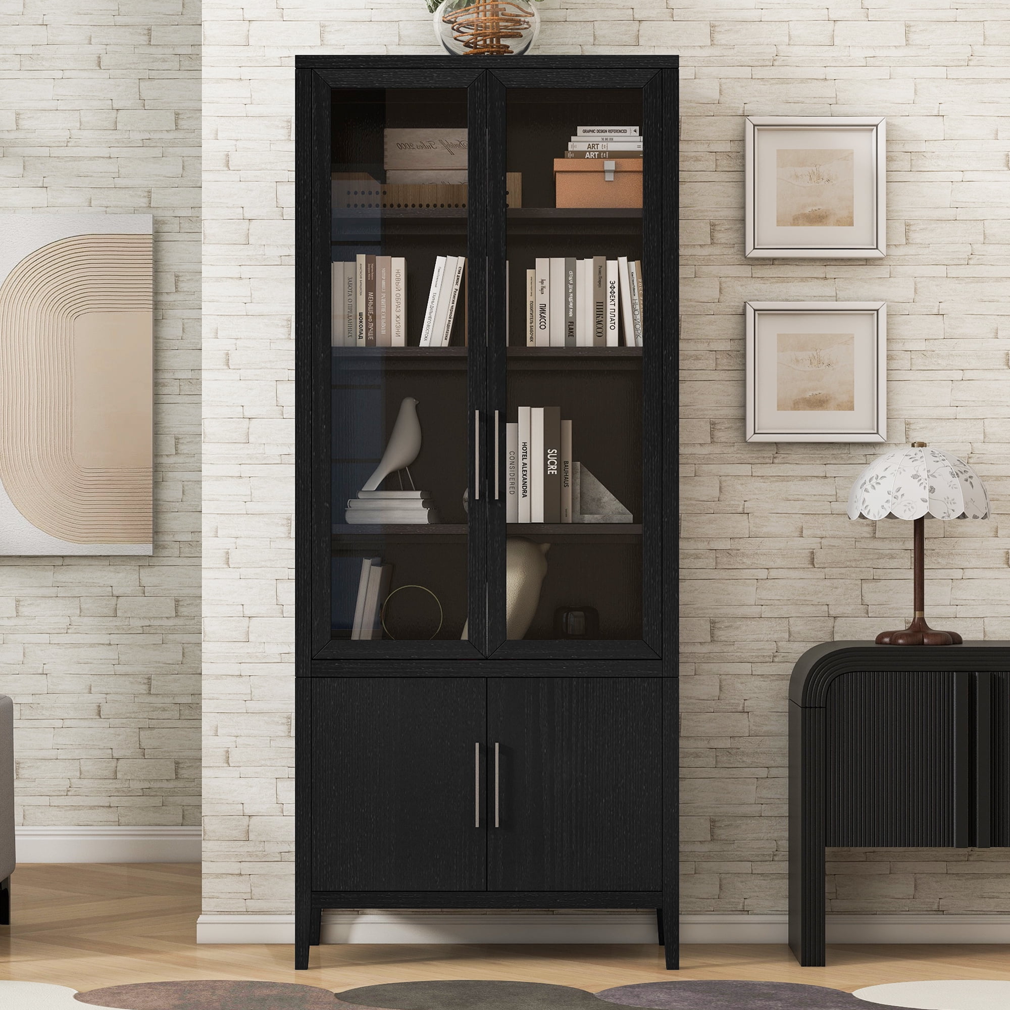 Tall Storage Cabinet With Glass Doors, Modern Bookshelf Display With 4 ...