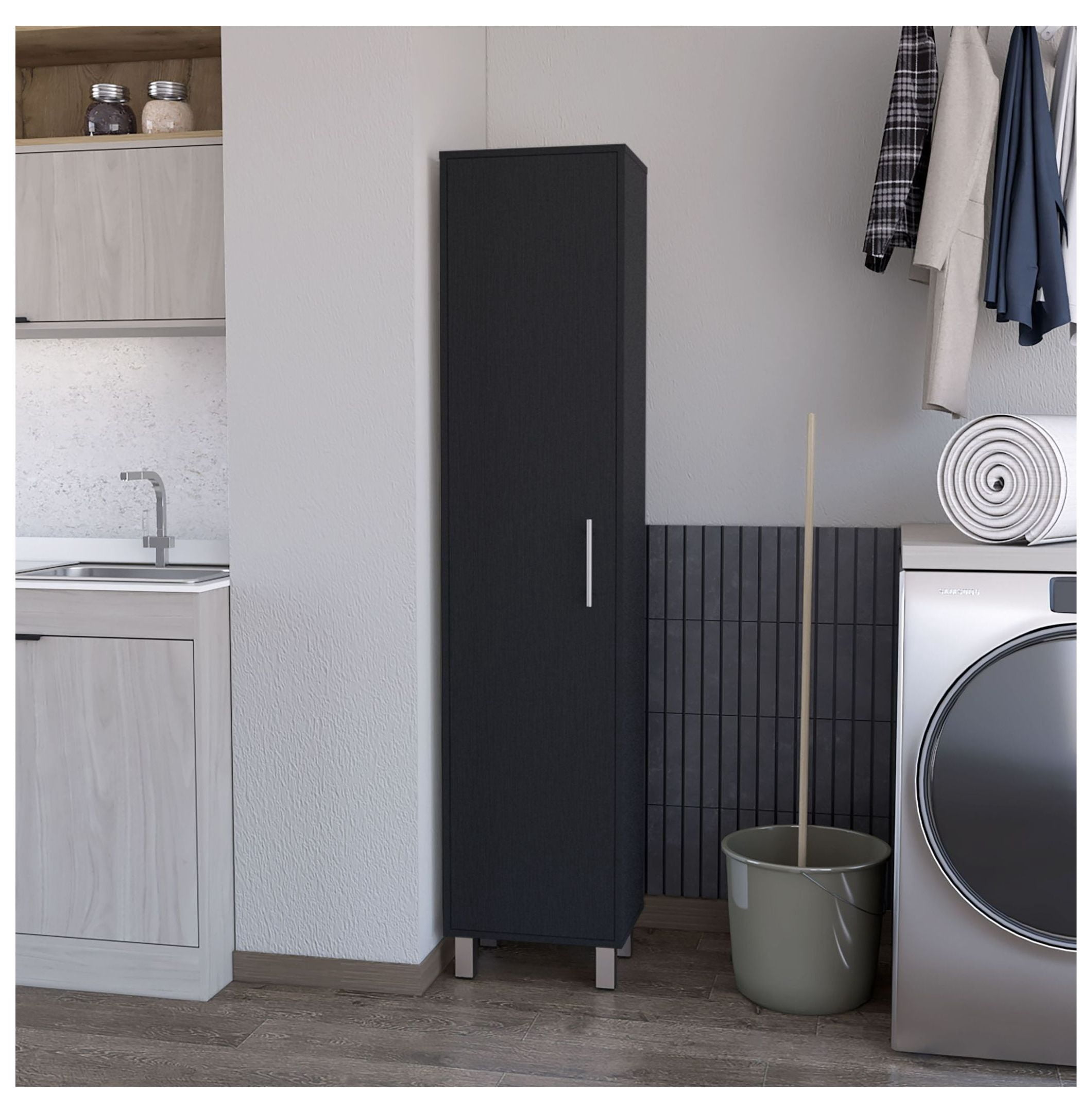 Tall Storage Cabinet, Single Door - Lawen Slim Organizer with Broom ...