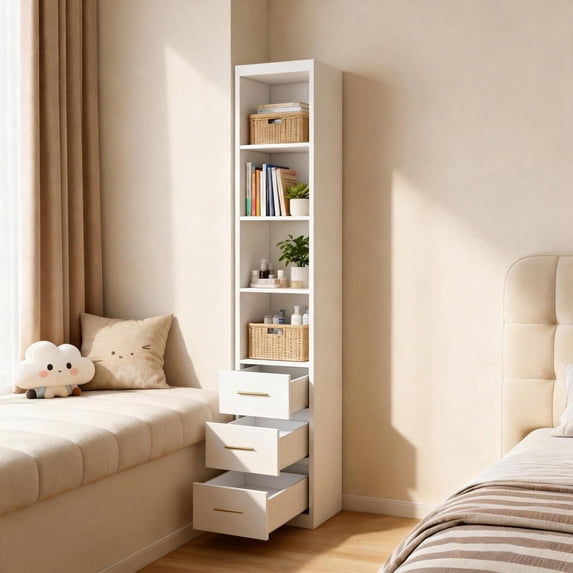 Tall Storage Cabinet with 3 Drawers and 4 Shelves, 85 Inch White ...
