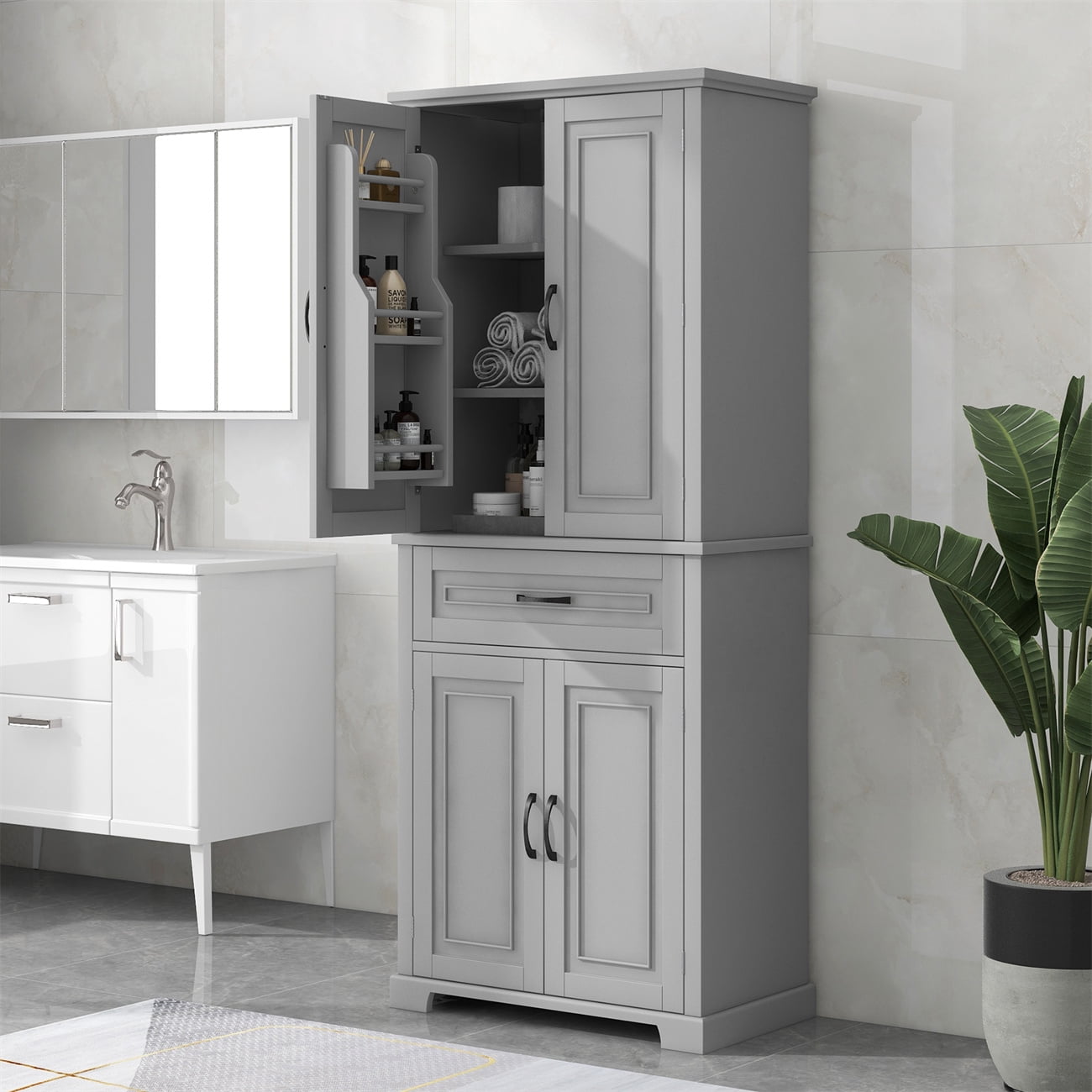 Tall Storage Cabinet with Doors and Drawer, Pantry Cupboard with Rack ...