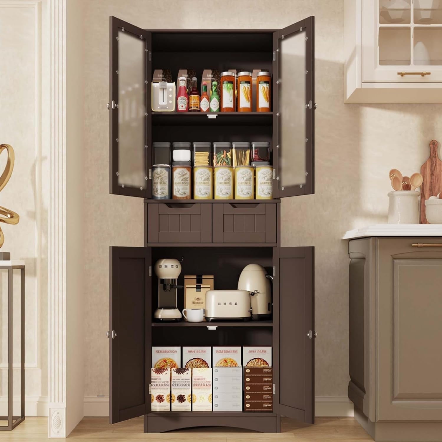 67" Kitchen Pantry Storage Cabinet with Glass Door & Shelves & 2 ...
