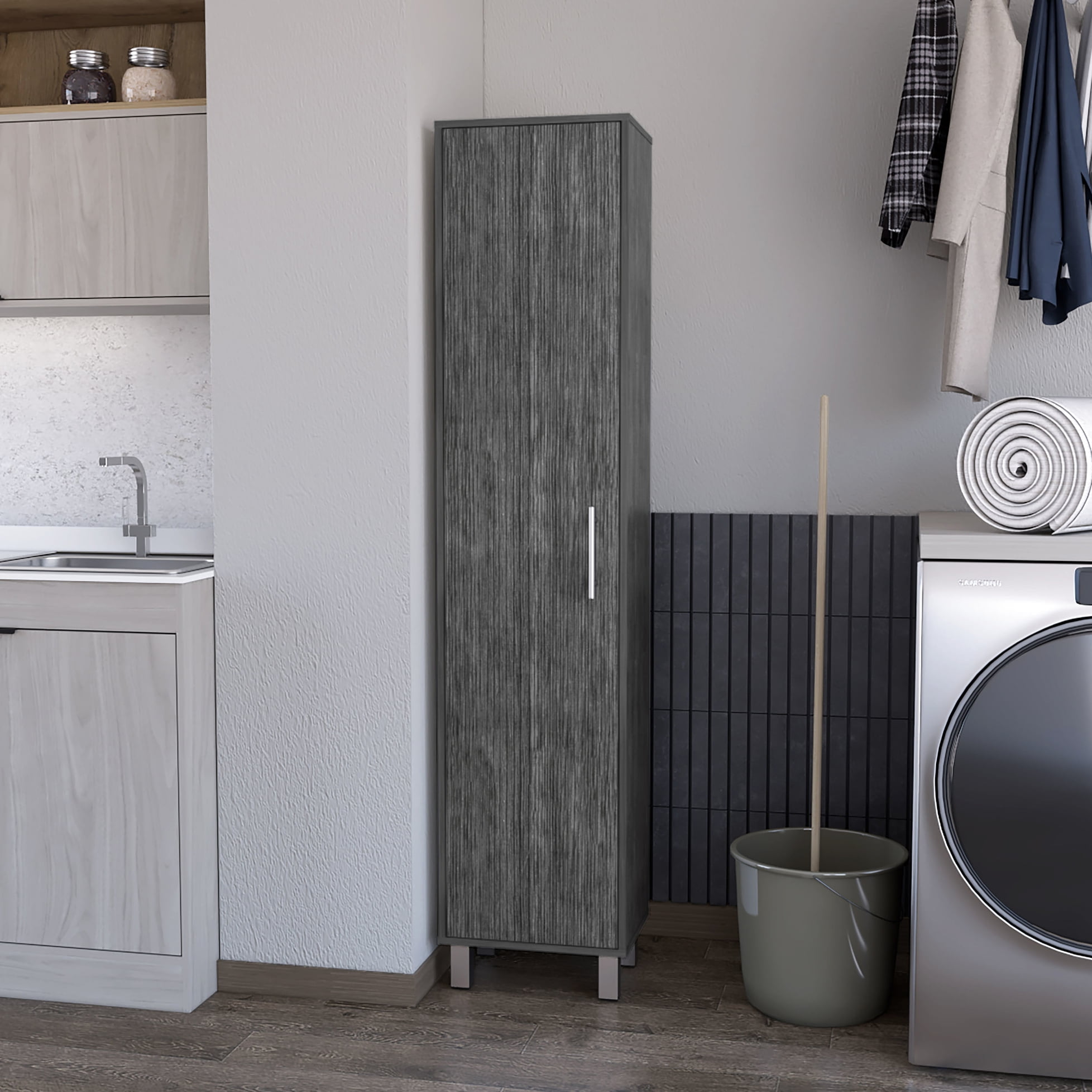 Tall Storage Unit With Oak Finish, Single Door, 3 Broom Hangers ...