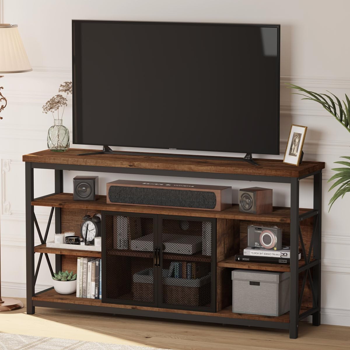 Tall TV Stand for TVs up to 65 Inch, Industrial Wood Entertainment ...